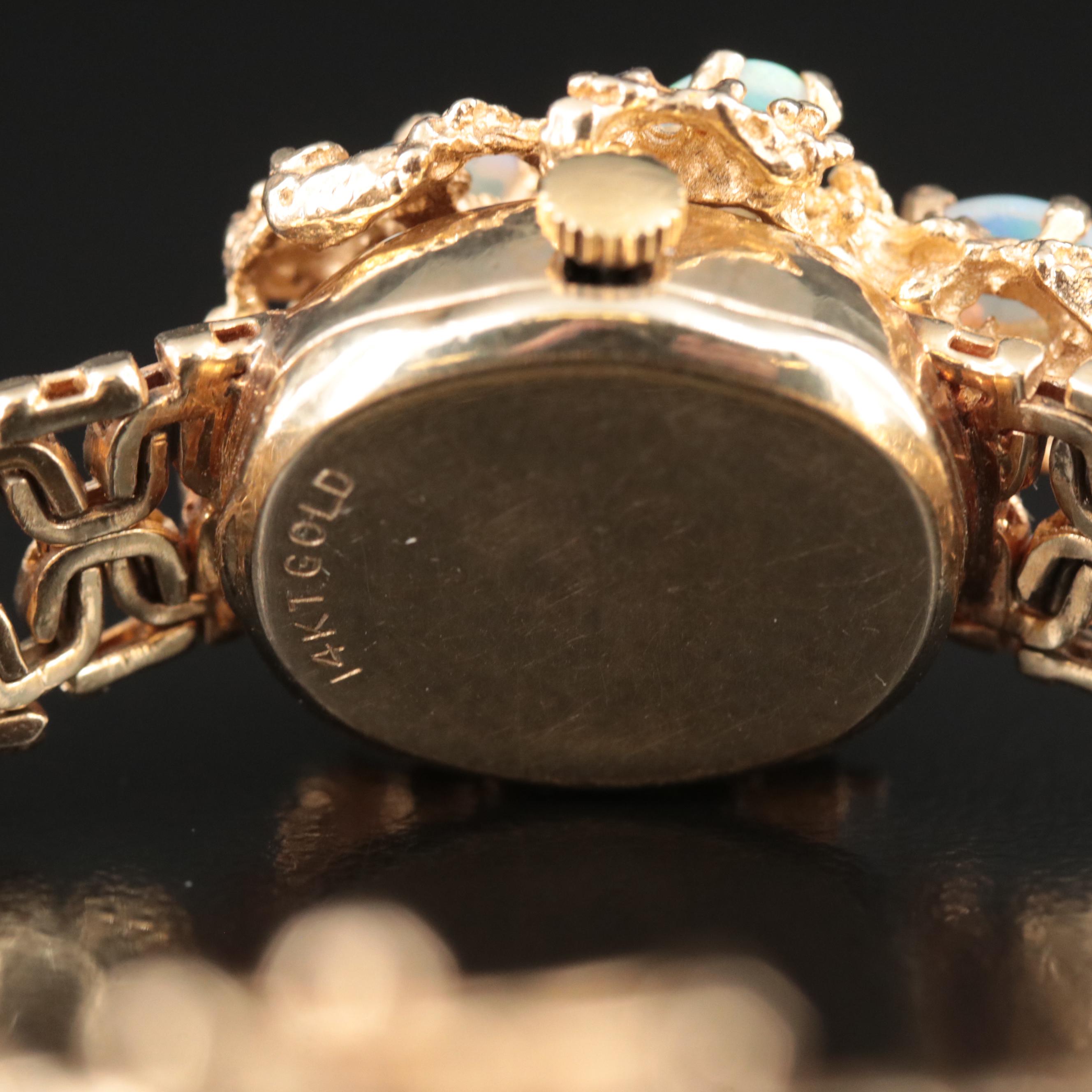14K Oscar Caplan Opal and Diamond Hinged Dial Cover Wristwatch ...