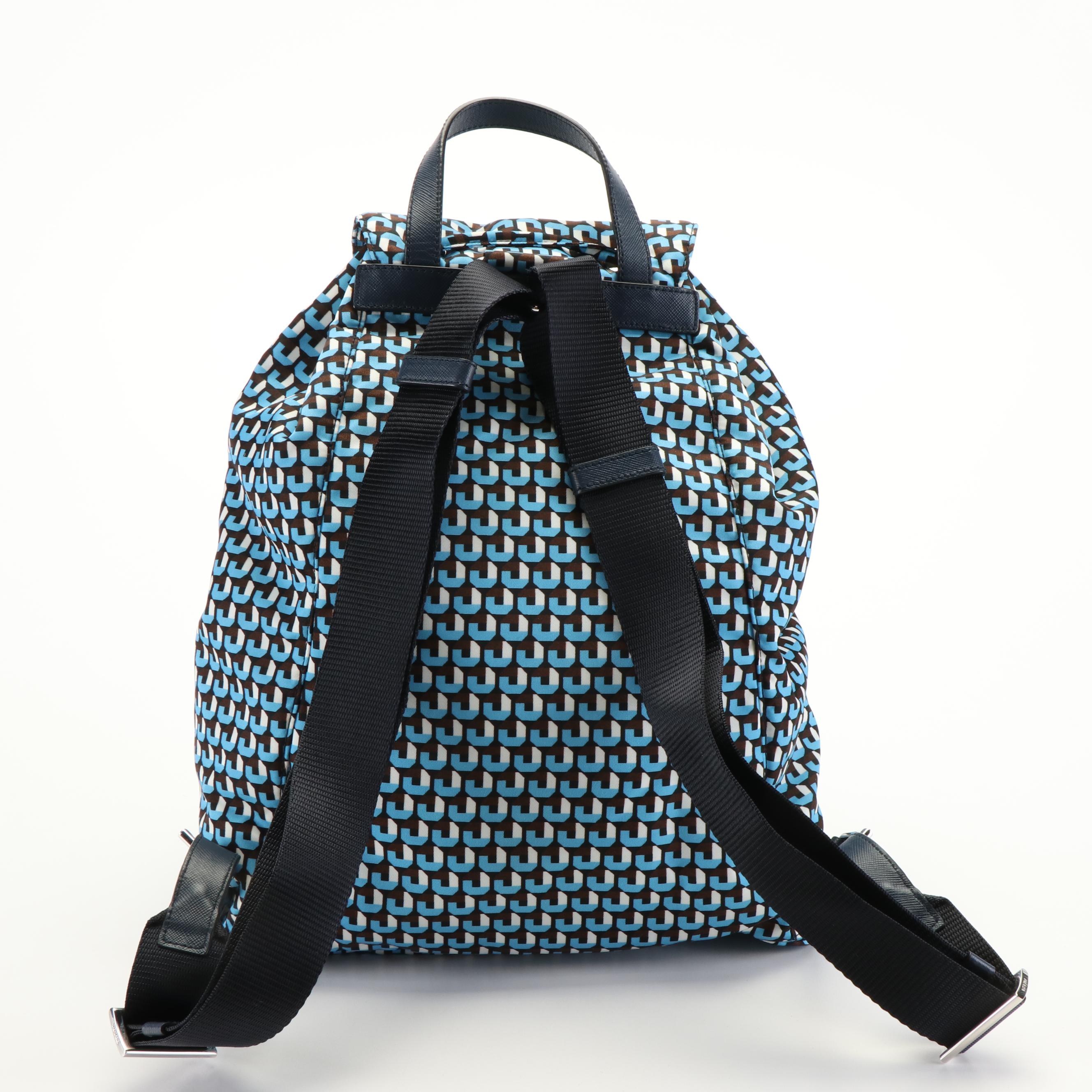 Prada Geometric Print Tessuto Nylon Drawstring Front Zip Backpack | EBTH