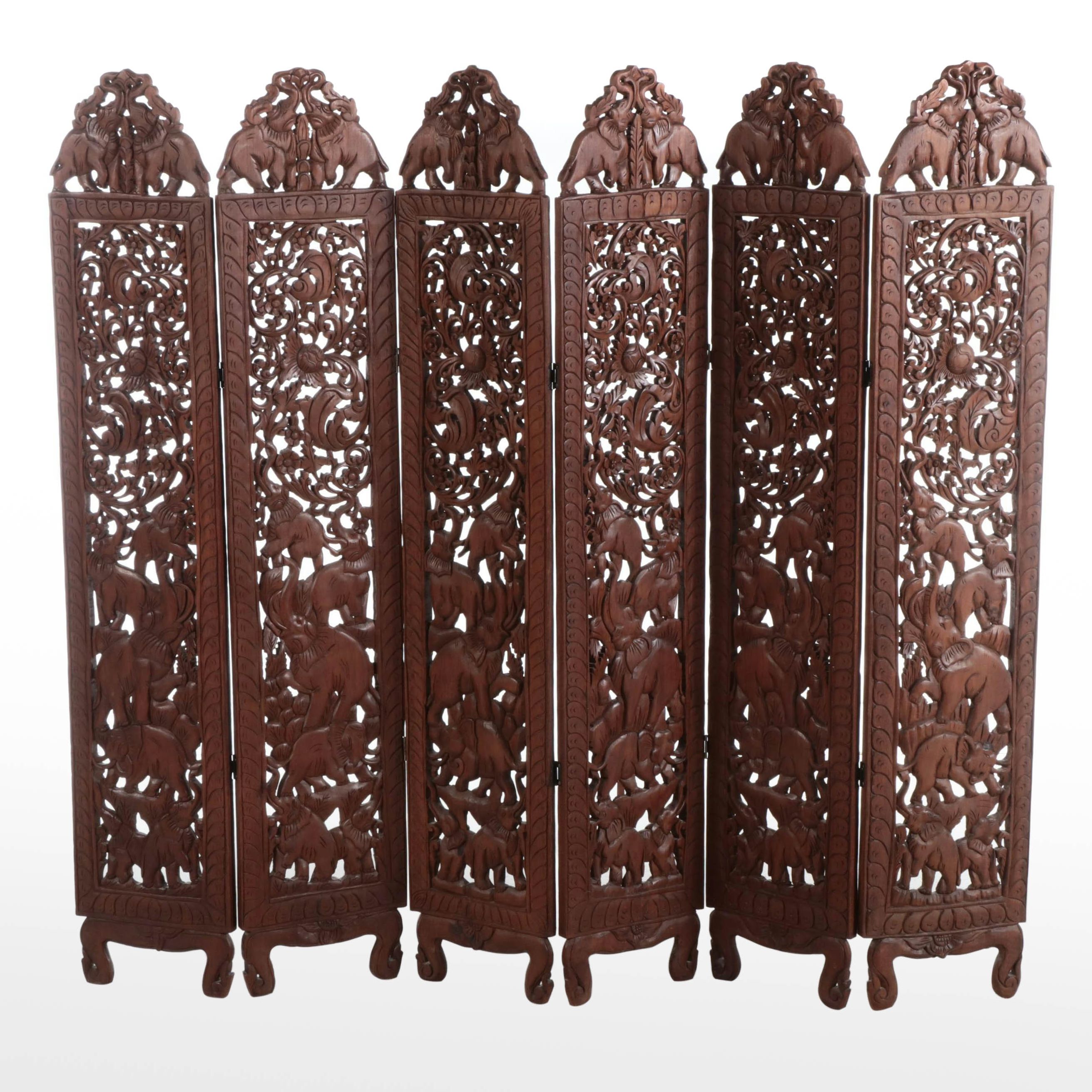 Thai Carved and Reticulated Teak Six-Fold Screen with Elephants ...