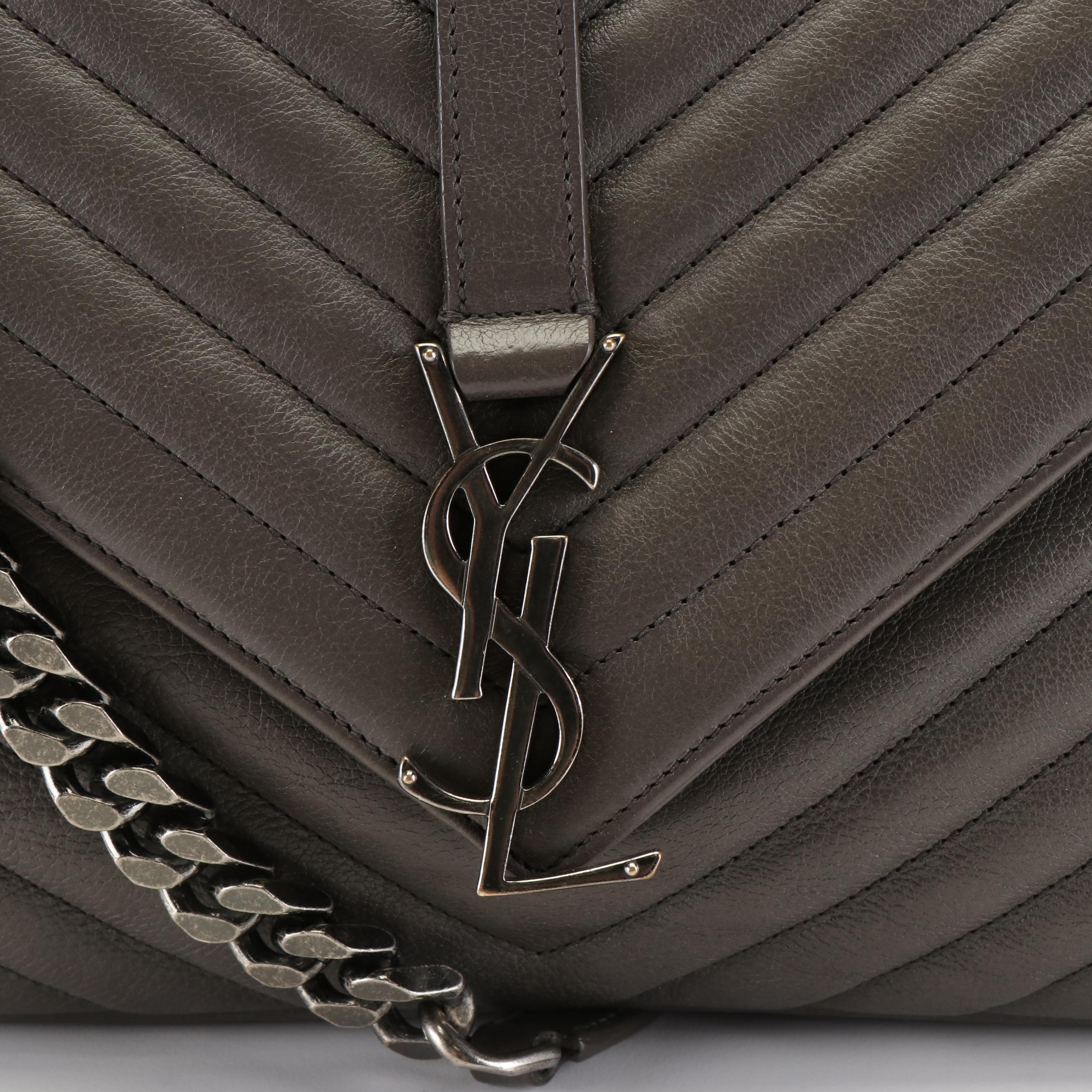 Saint Laurent YSL Logo Grey Quilted Chevron Leather College Convertible ...