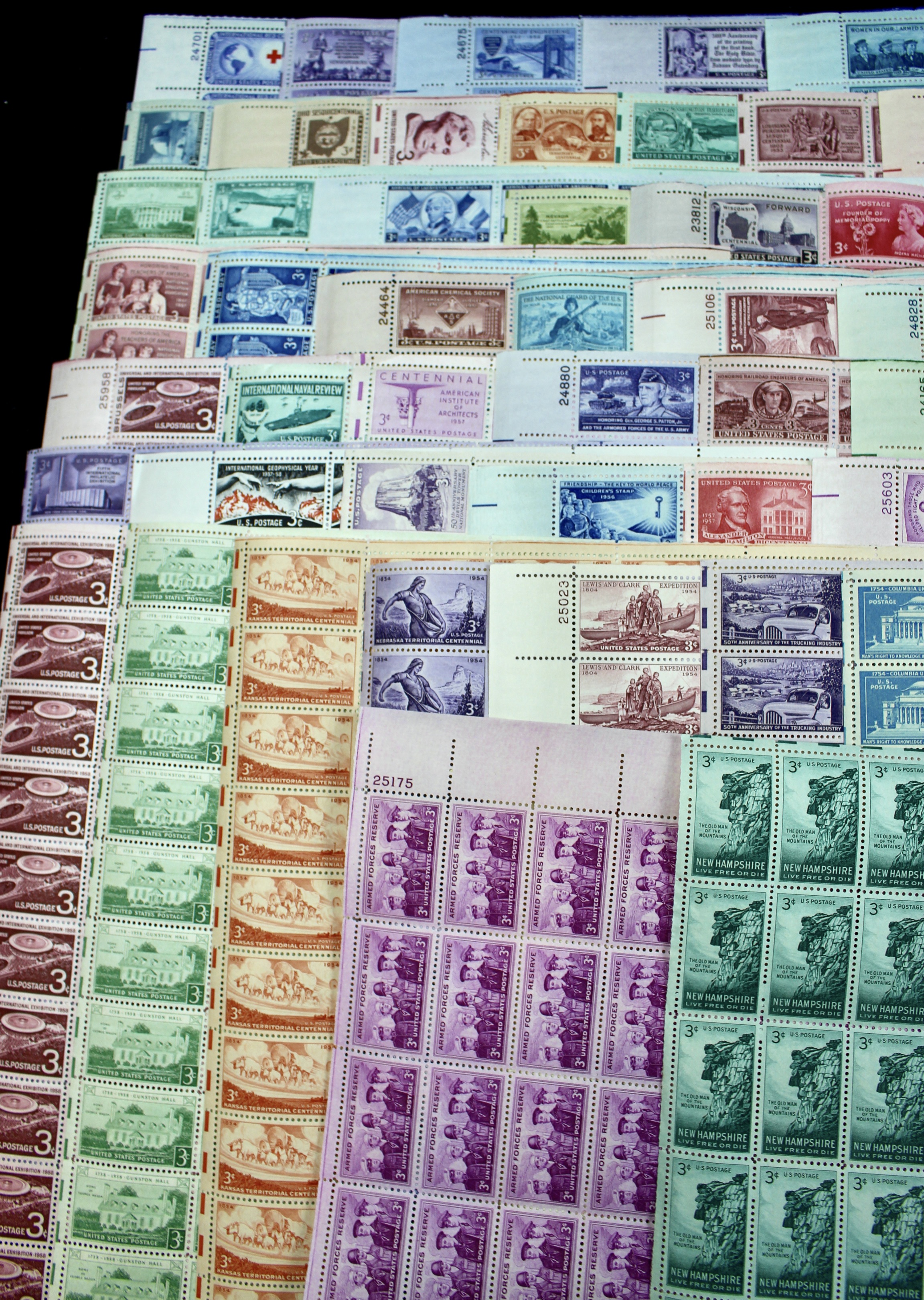 Seventy-Two Different 3-Cent Postage Stamp Sheets, 1940s to 1950s ...