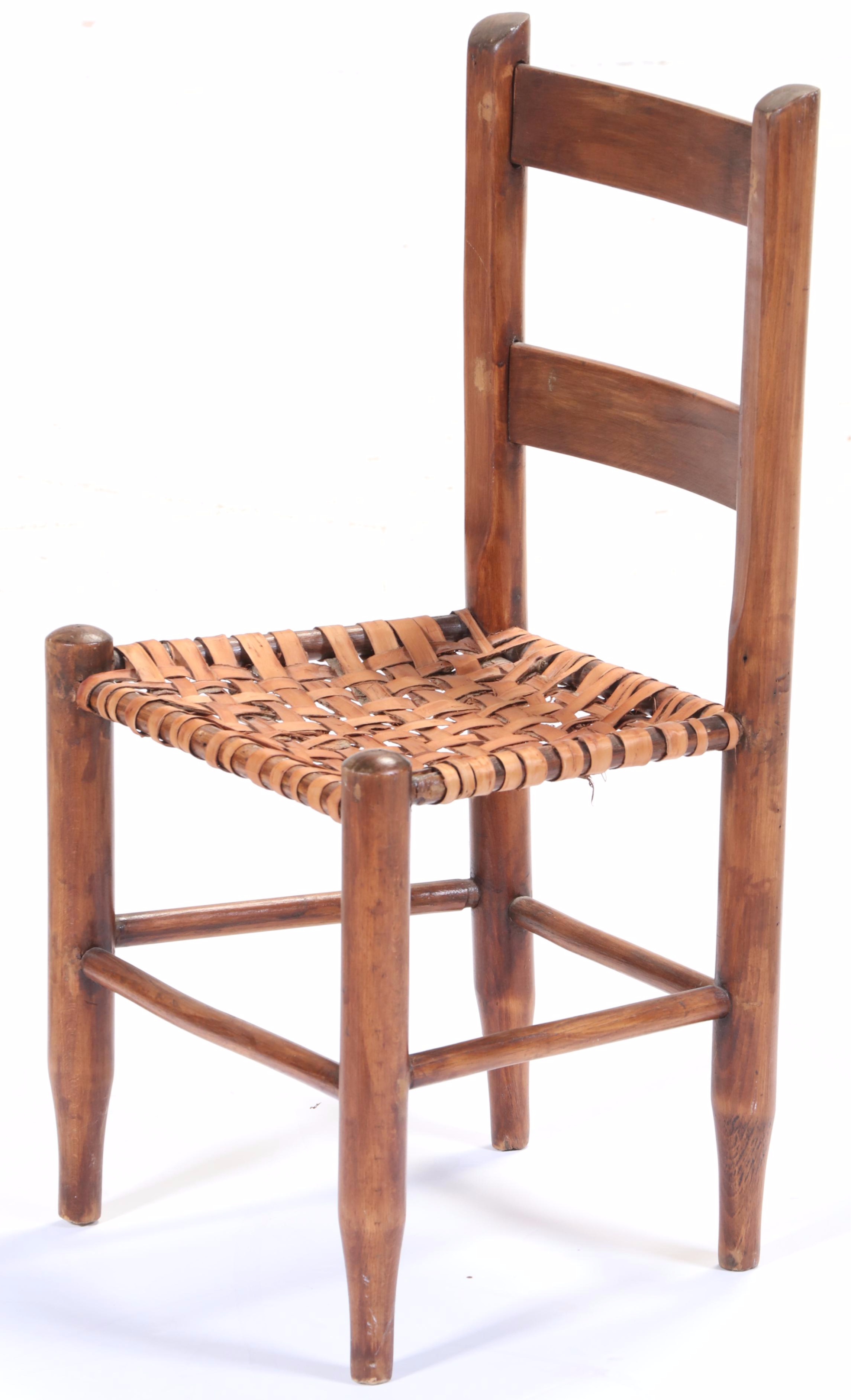 Primitive Ladder Back Chair and Stool with Woven Seats, 20th Century | EBTH
