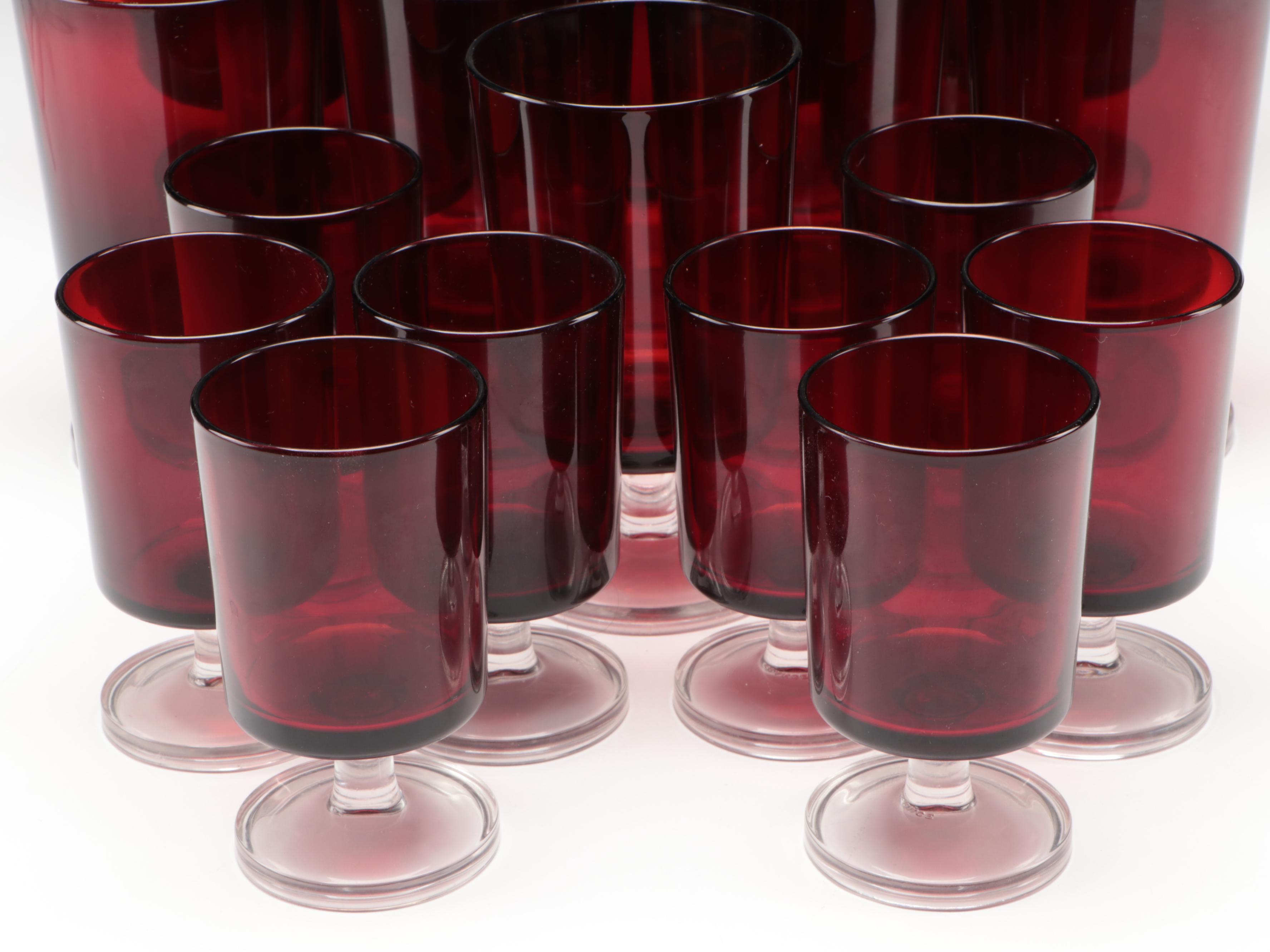 French Ruby Red Short Stemmed Water Goblets and Wine Glasses | EBTH