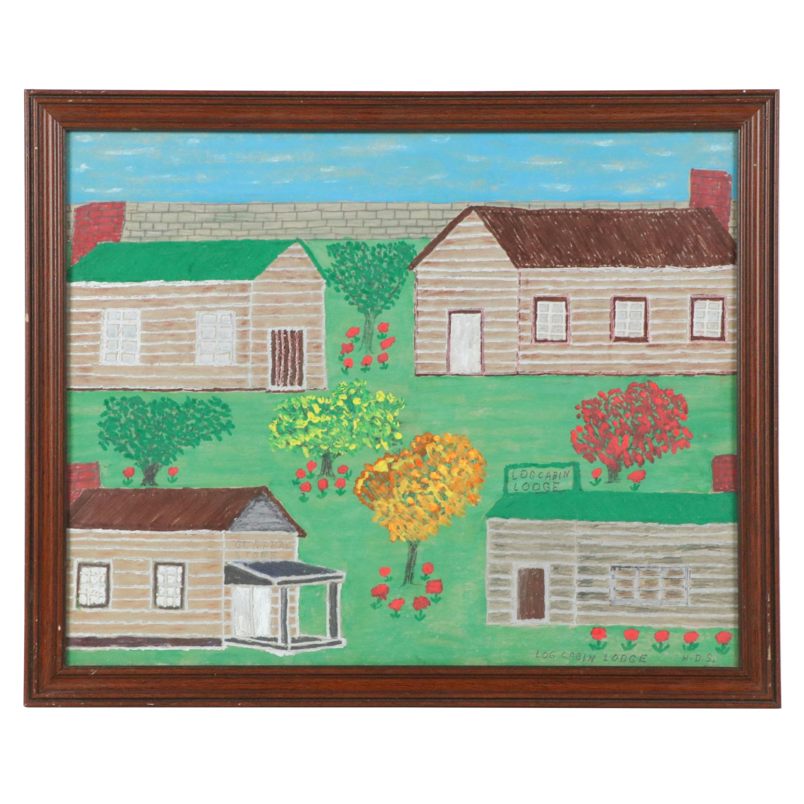 Harold Shryock Outsider Folk Art Painting "Log Cabin Lodge" | EBTH