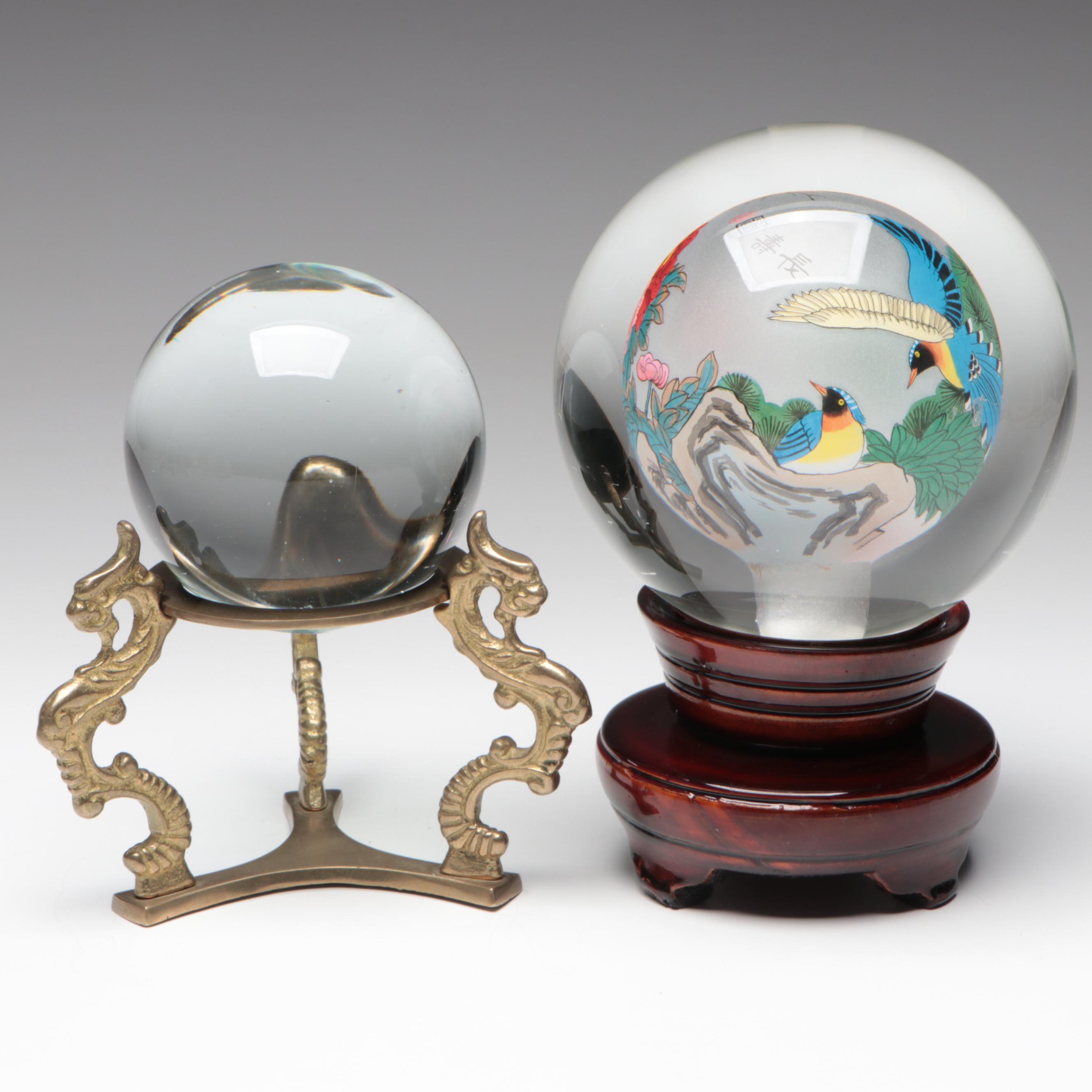 Chinese Reverse Painted Glass Orb with Glass Gazing Orb on Brass Stand ...
