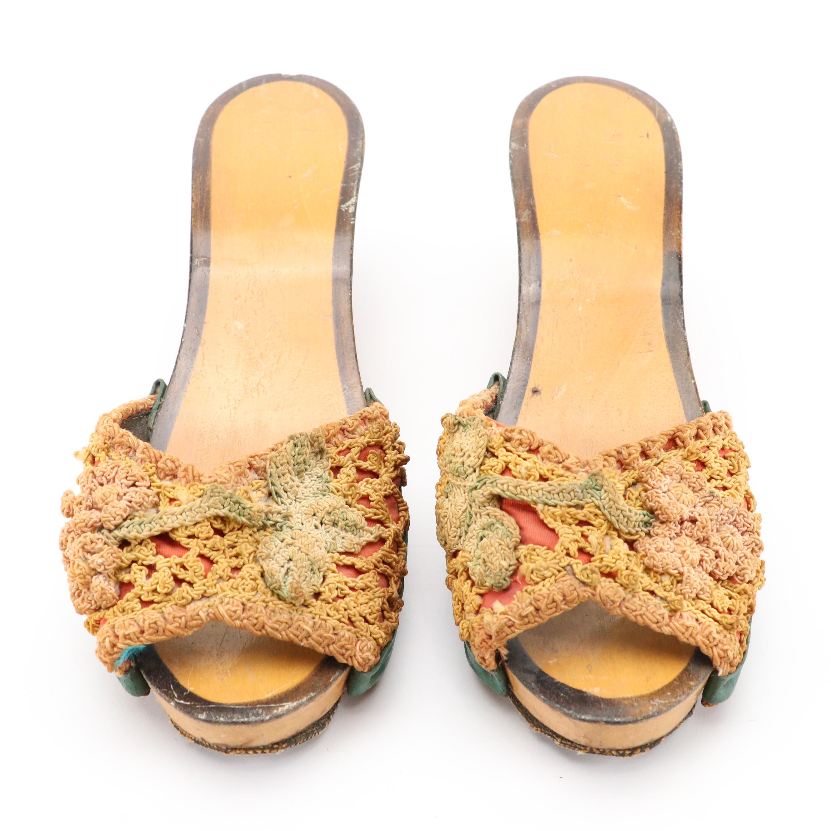 Hand-Carved and Painted Wooden Wedge Sandals, 1940s | Everything But ...