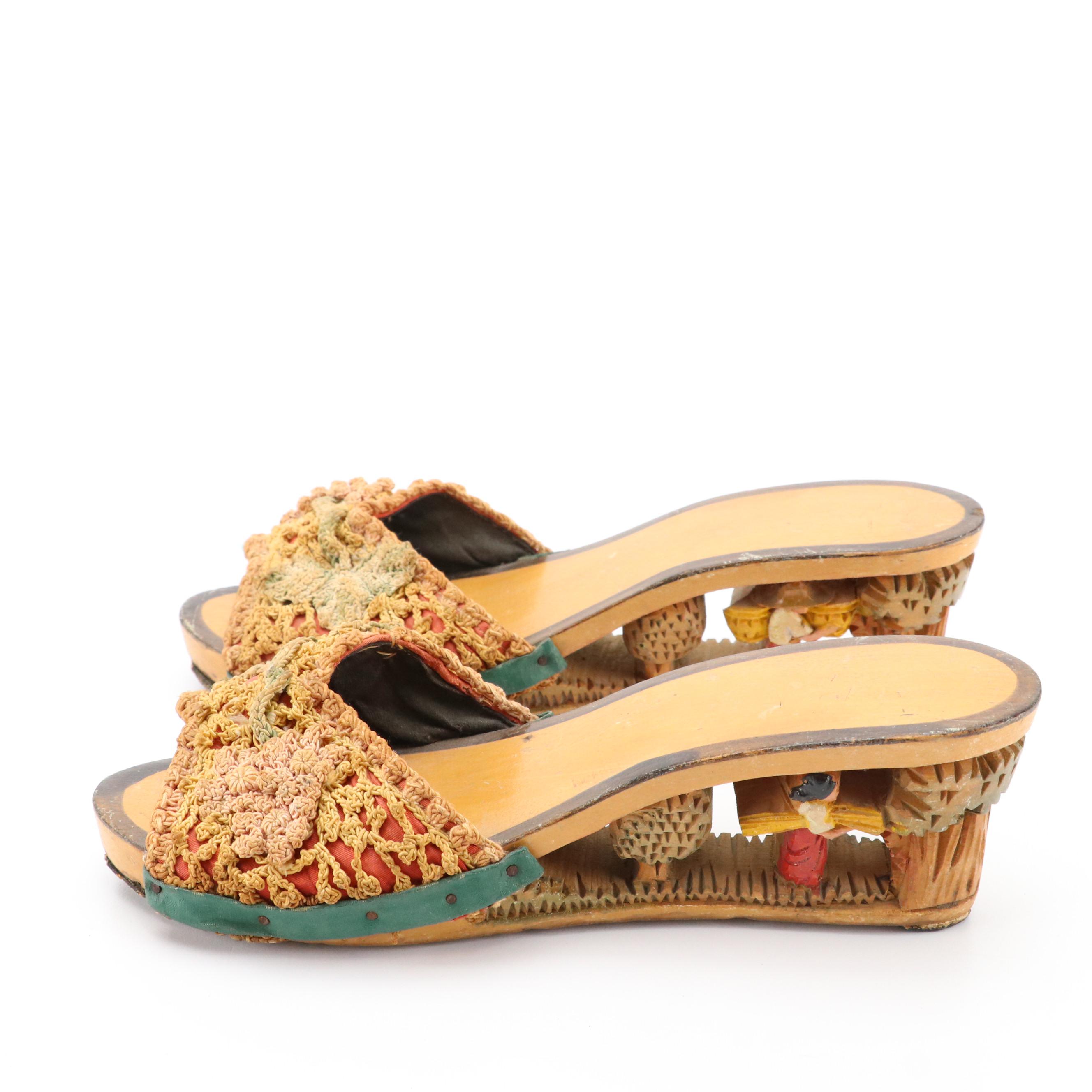 Hand-Carved and Painted Wooden Wedge Sandals, 1940s | Everything But ...