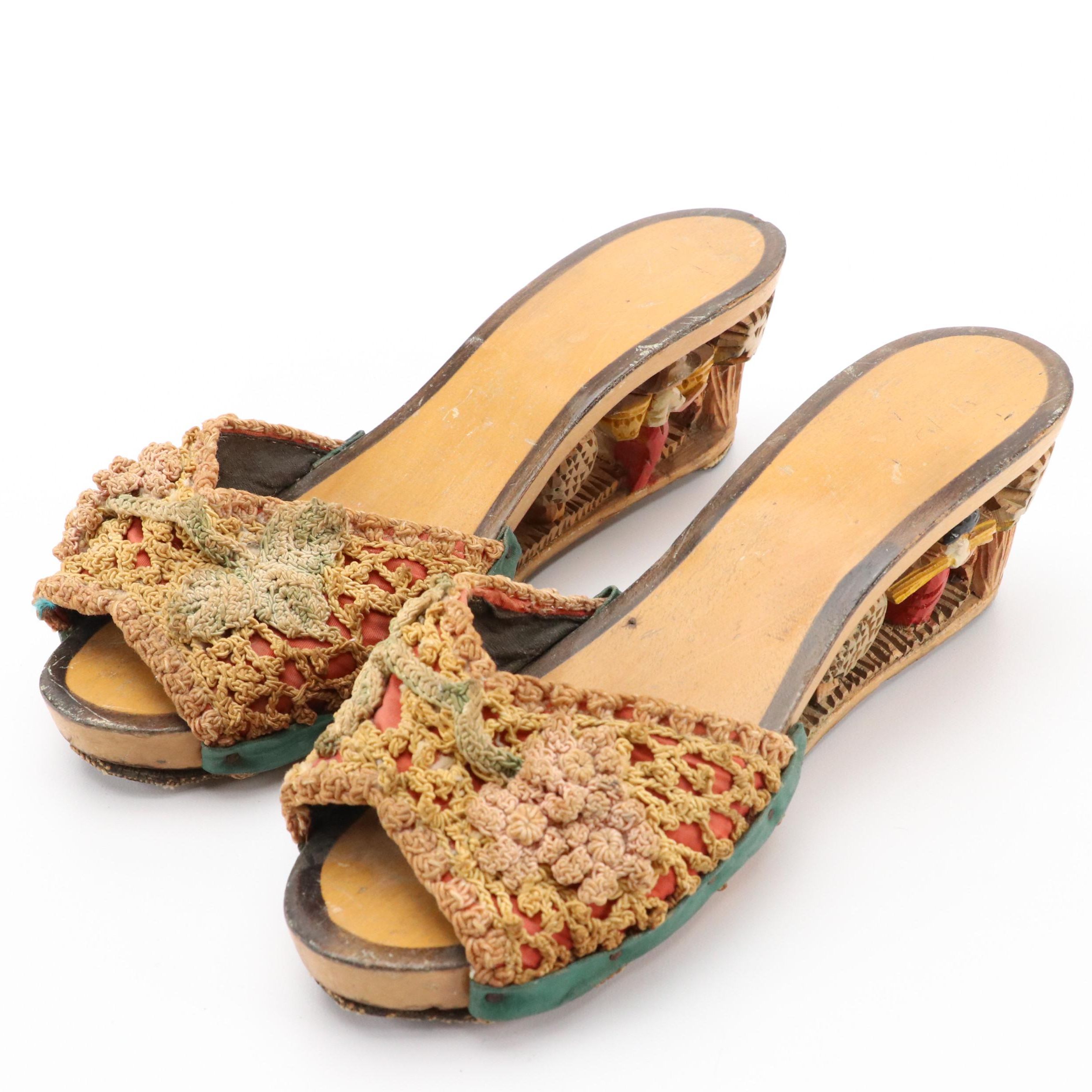 Hand-Carved and Painted Wooden Wedge Sandals, 1940s | Everything But ...