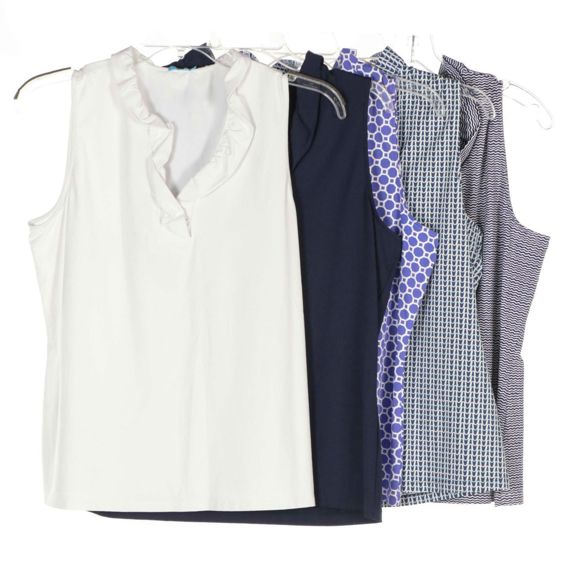 J. McLaughlin Blue Patterned, White, and Navy Nylon/Spandex Ruffle ...