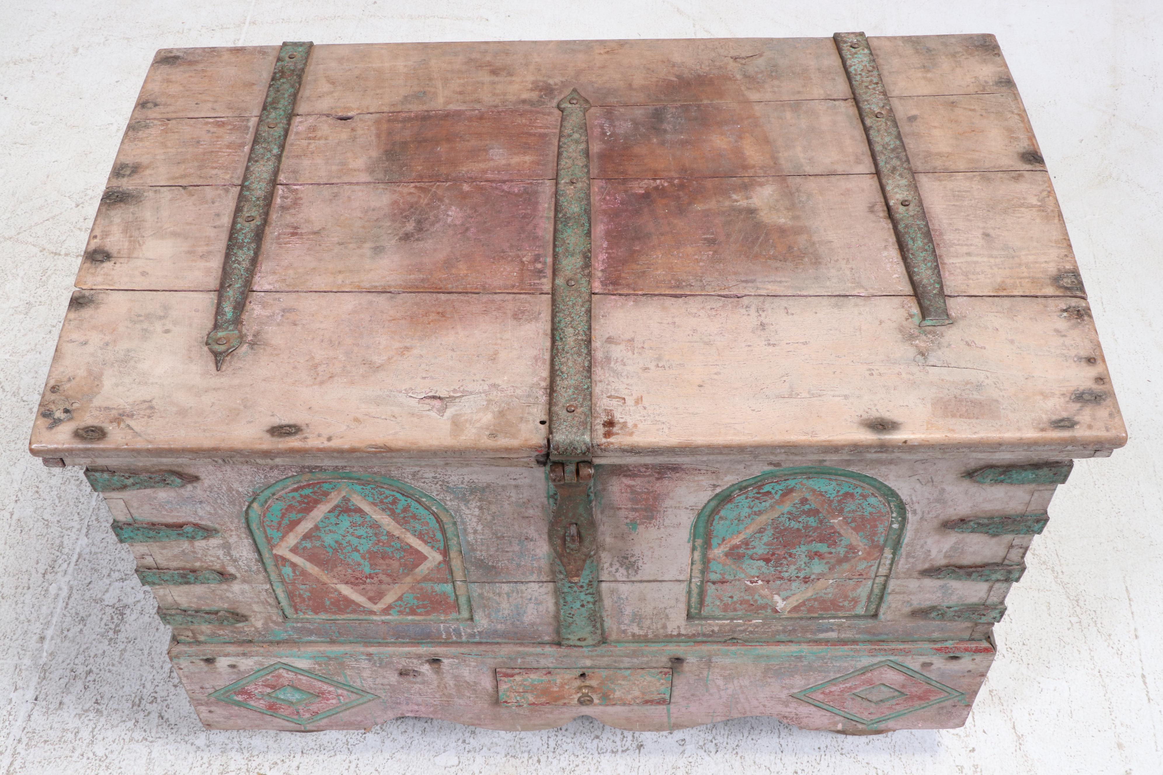 Indian Paint-Decorated Hardwood and Iron Dowry Trunk | EBTH