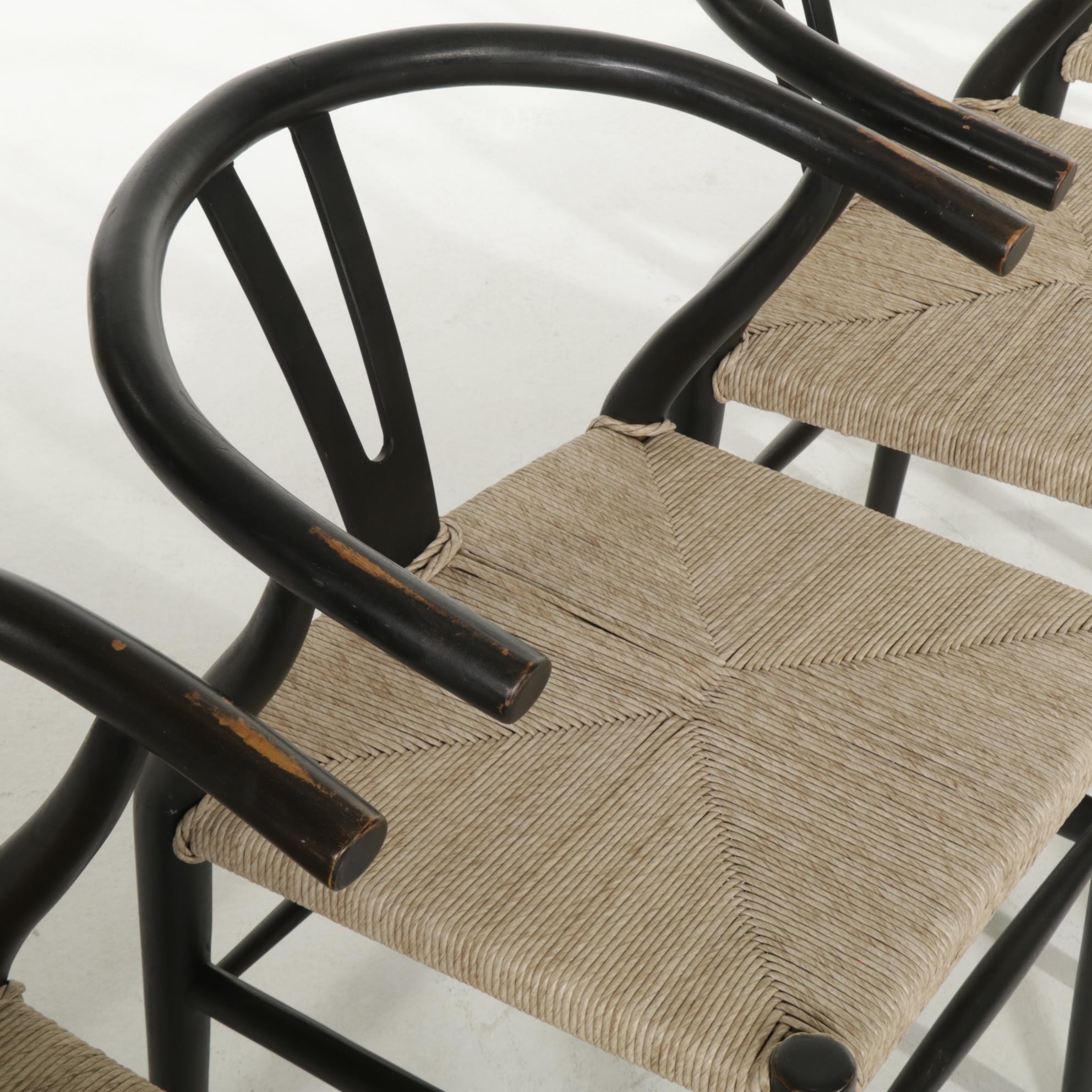 Set of Black Wooden Wishbone Dining Chairs with Woven Seats ...