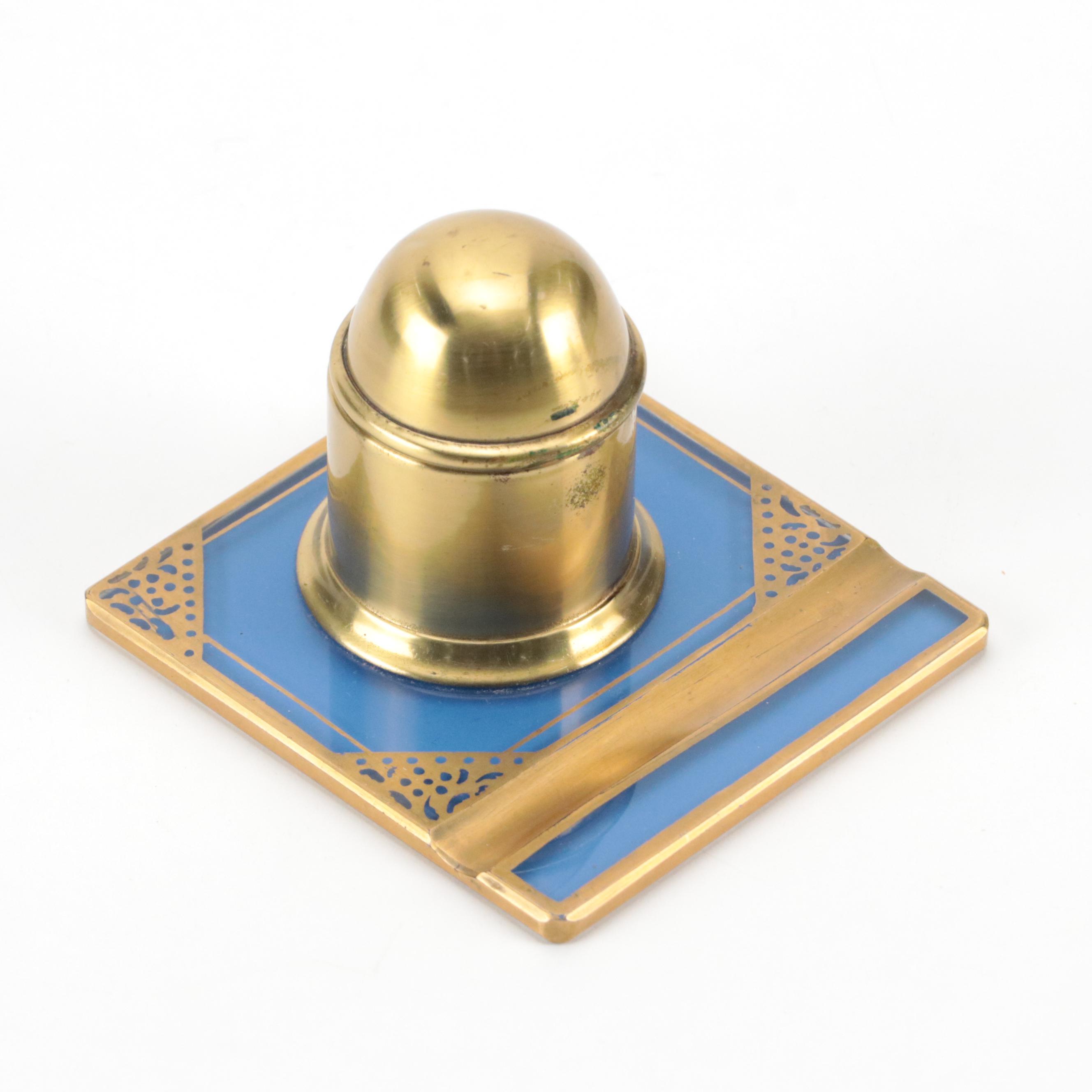 Painted Glass and Brass Inkwell and Ink Blotter, Mid-20th Century | EBTH
