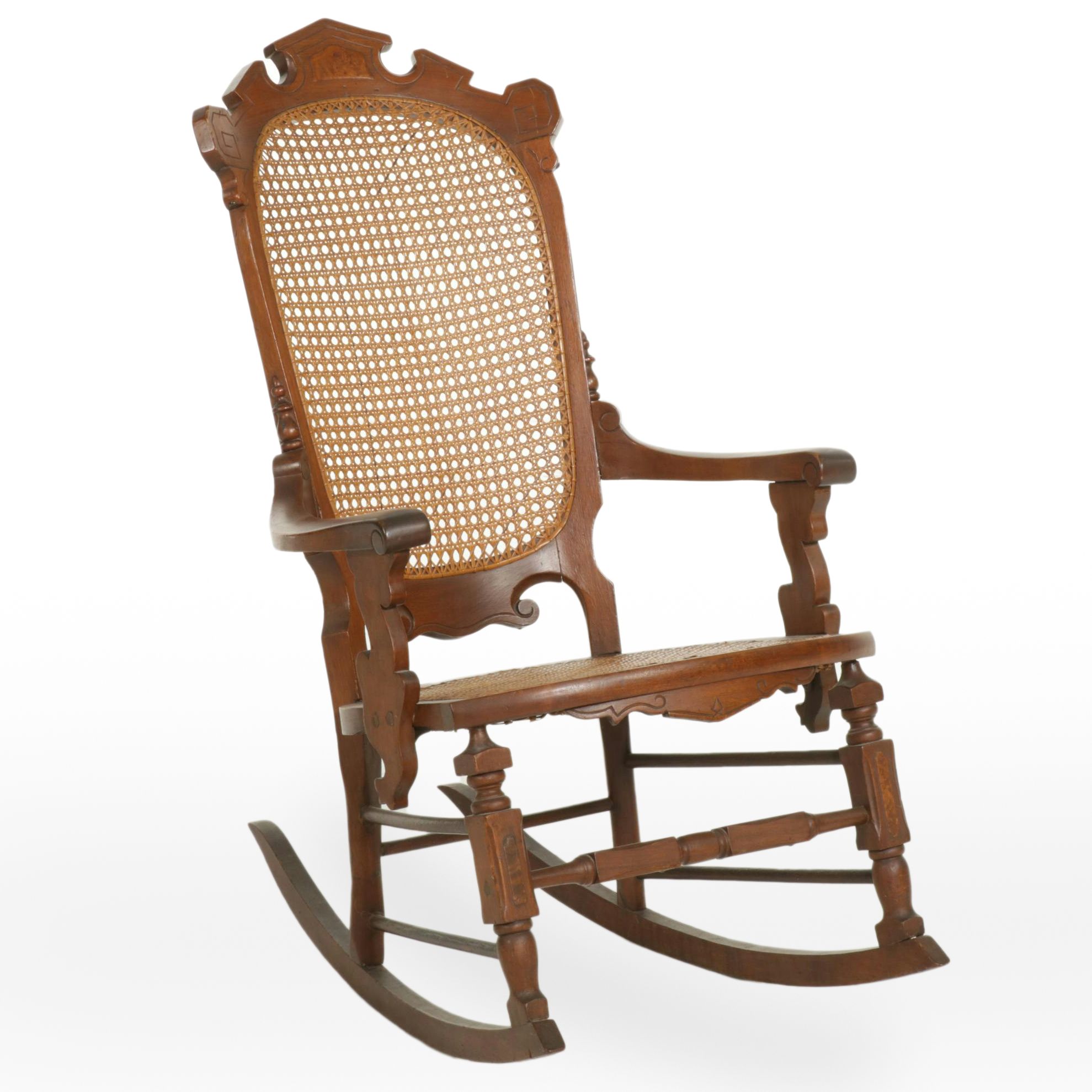 Late Victorian Carved Walnut Caned Rocking Chair | EBTH