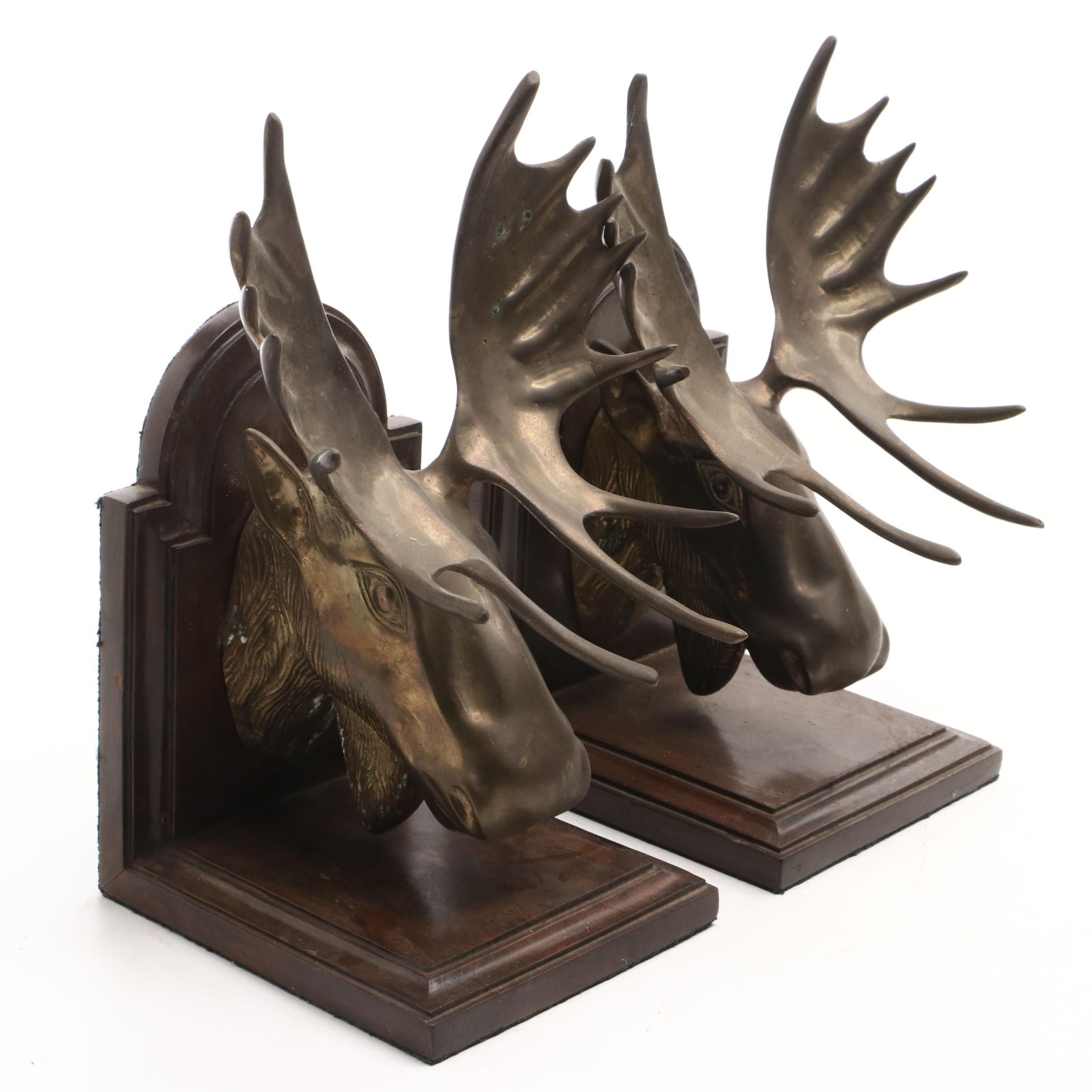 Cast Brass Moose Head on Carved Wood Bookends | EBTH