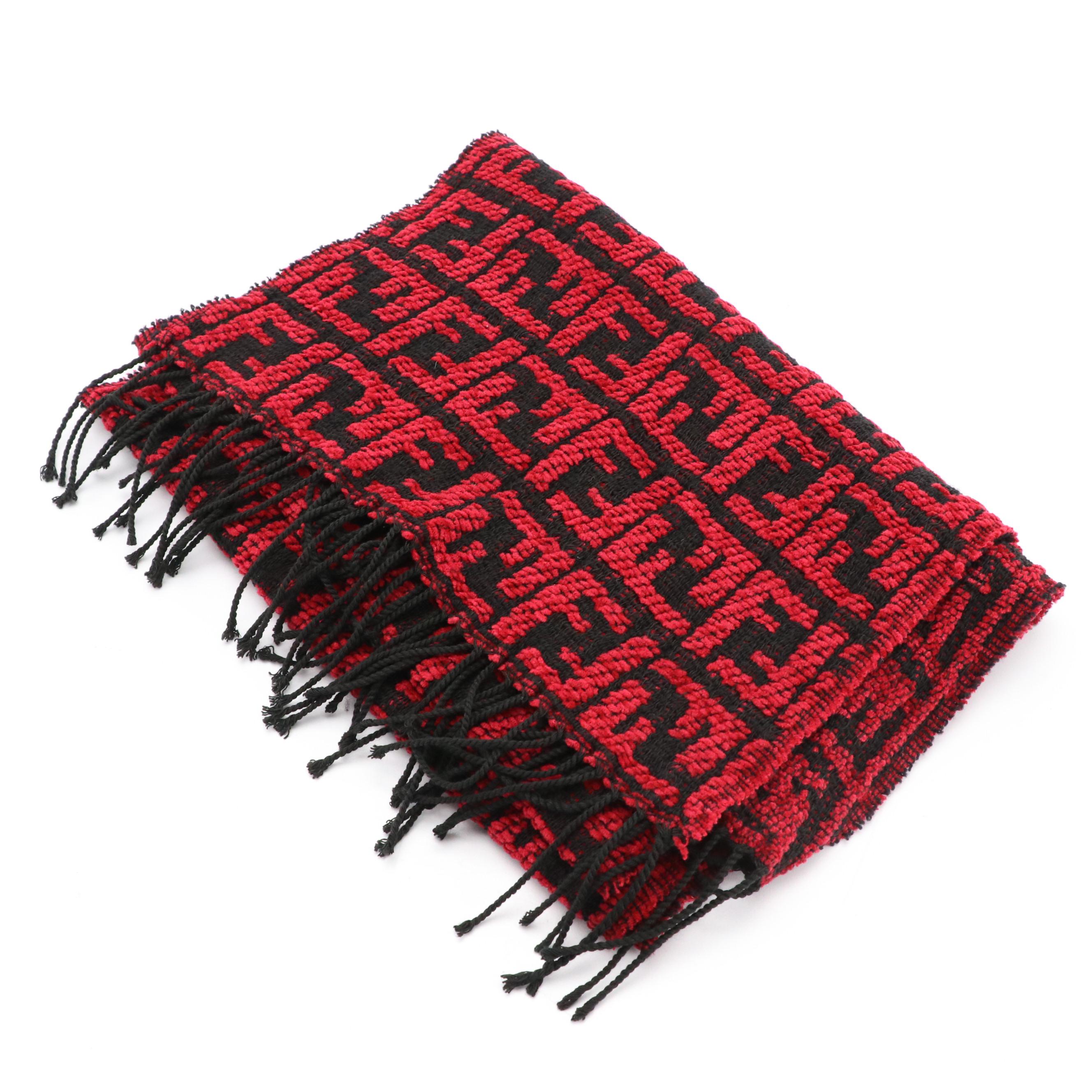 Fendi Black and Red Zucca Patterned Fringe Scarf | EBTH