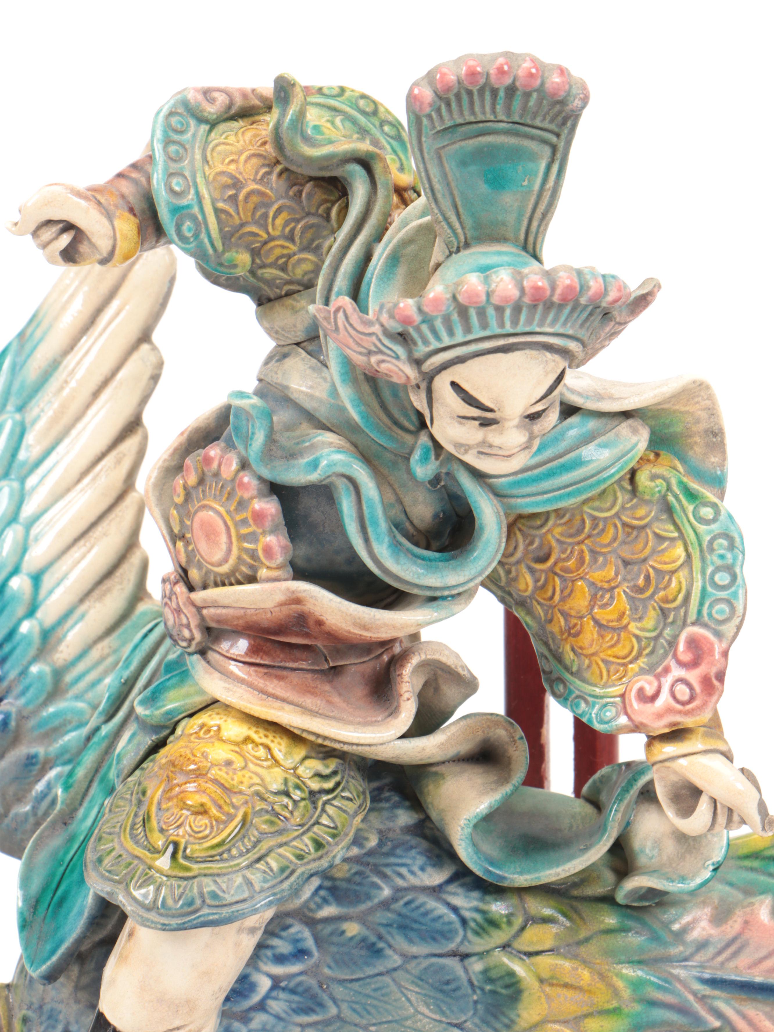 Lin Guang Yi Immortals Riding on Birds Roof Tiles Mounted on Wooden ...