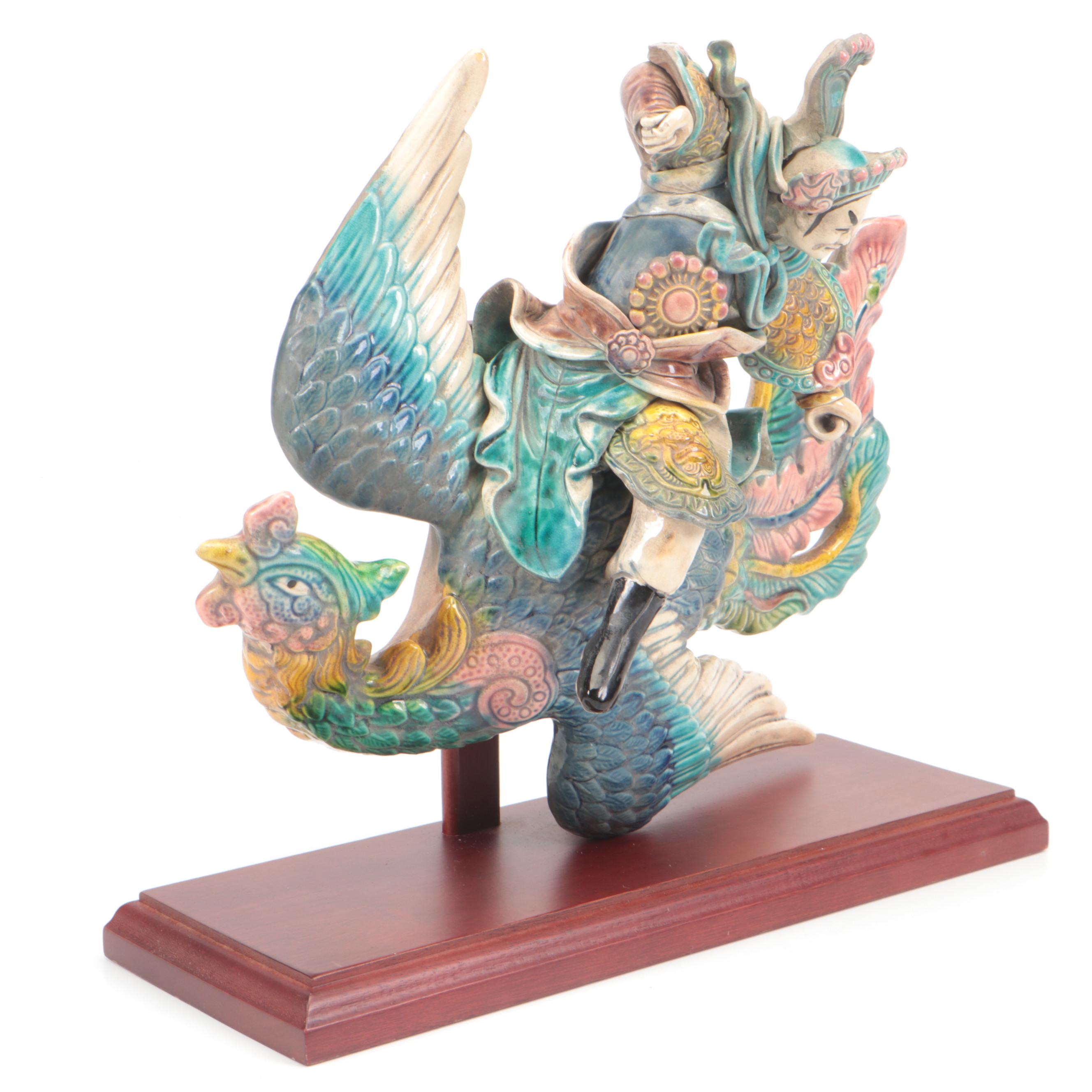 Lin Guang Yi Immortals Riding on Birds Roof Tiles Mounted on Wooden ...