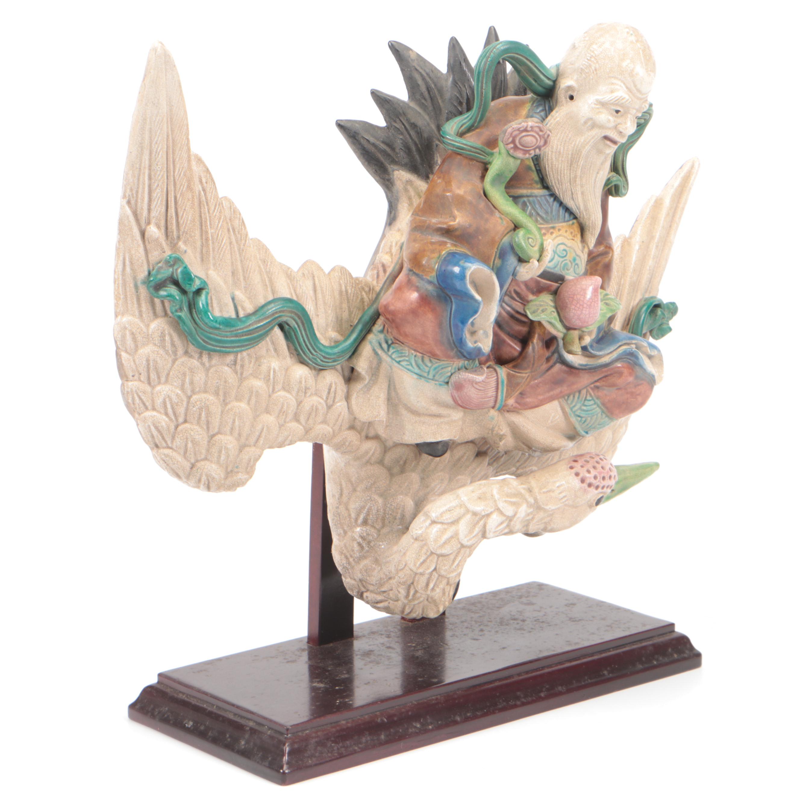 Lin Guang Yi Immortals Riding on Birds Roof Tiles Mounted on Wooden ...