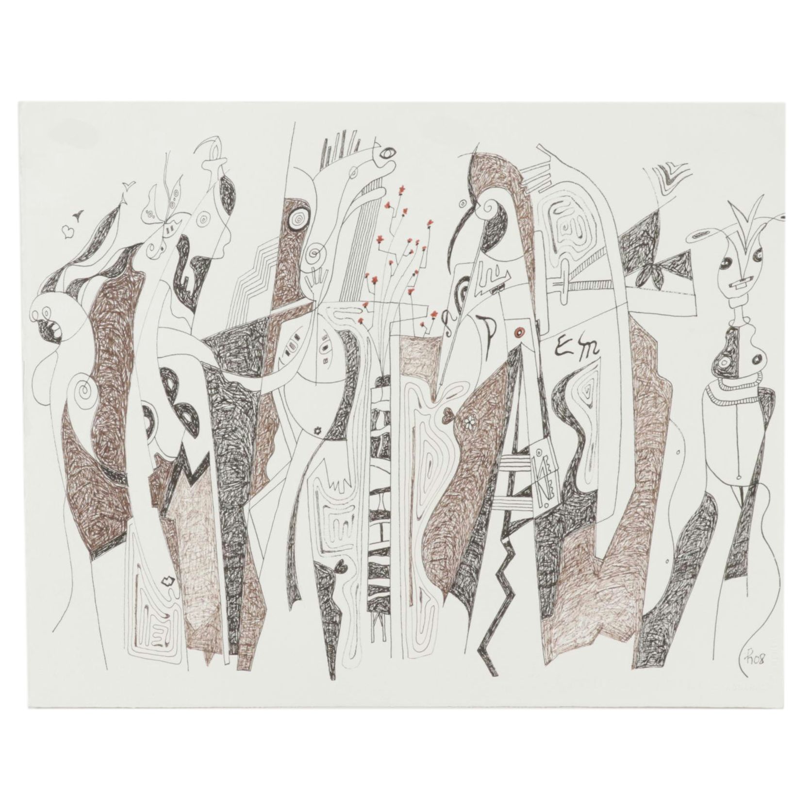 Phyllis Trager Hyman Abstract Figural Ink Drawing, 2008 | Everything ...