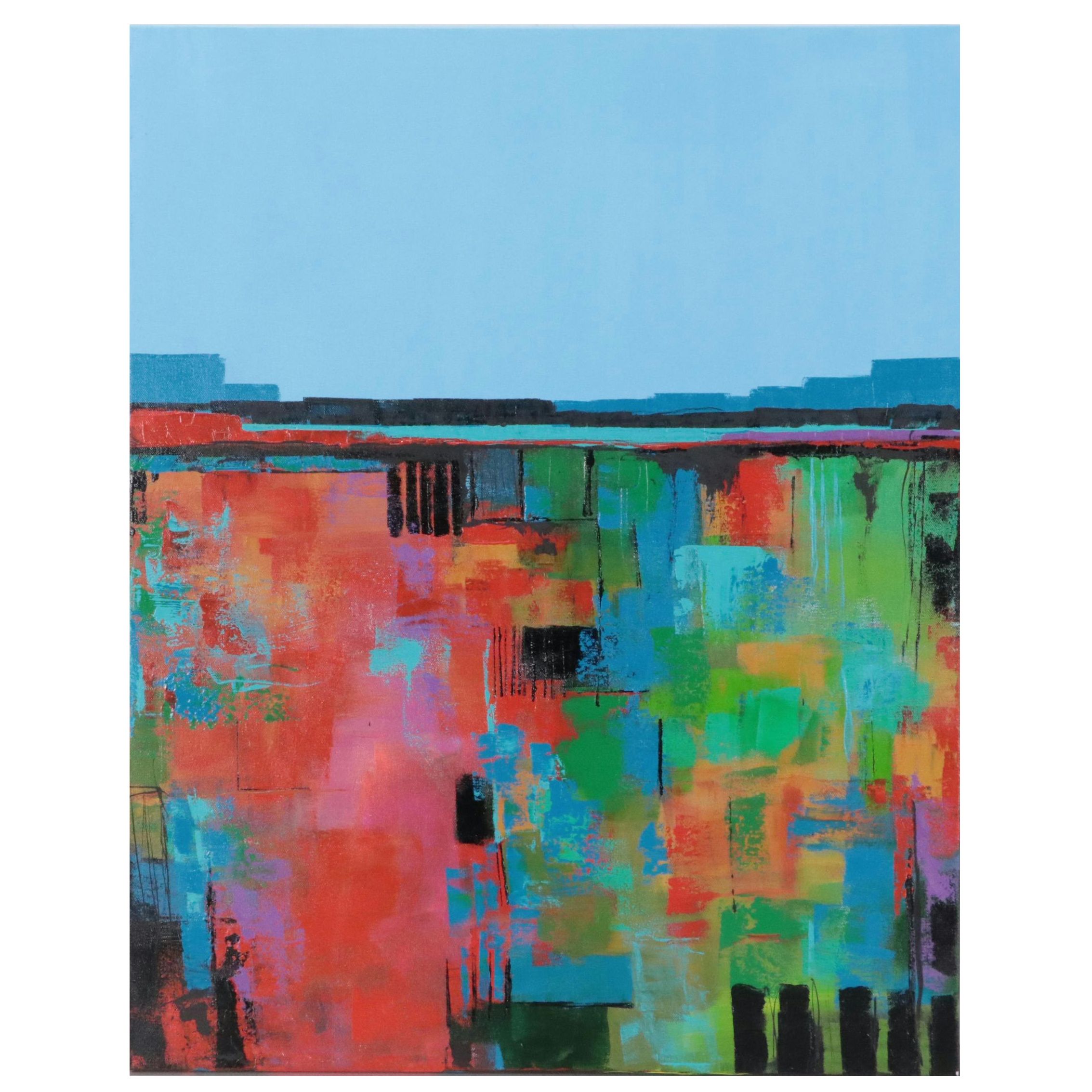 Sanna Abstract Acrylic Painting "Distant Blue Mountain," 21st Century ...