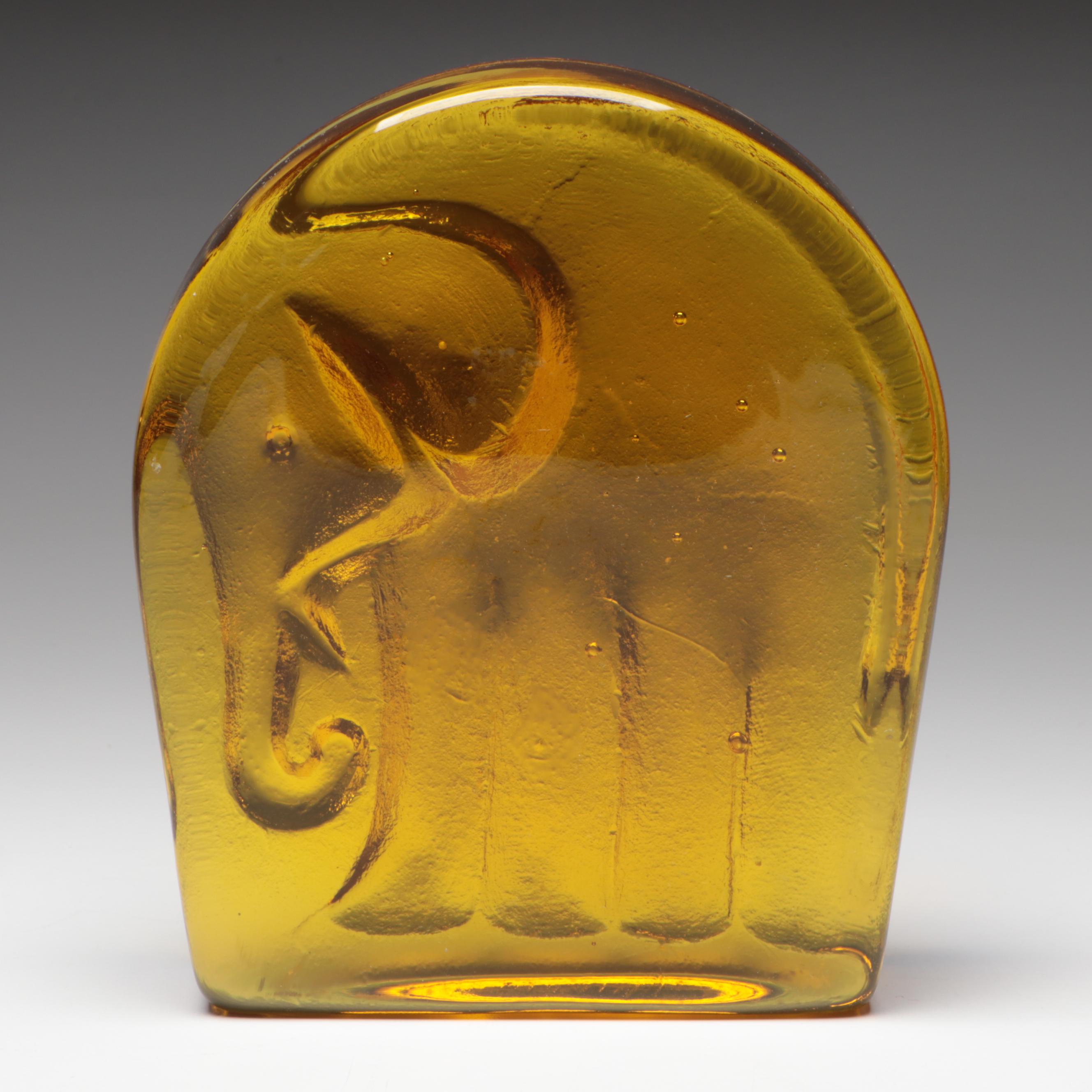 Blenko Pressed Amber Glass Elephant Bookend, Mid-20th C. | EBTH