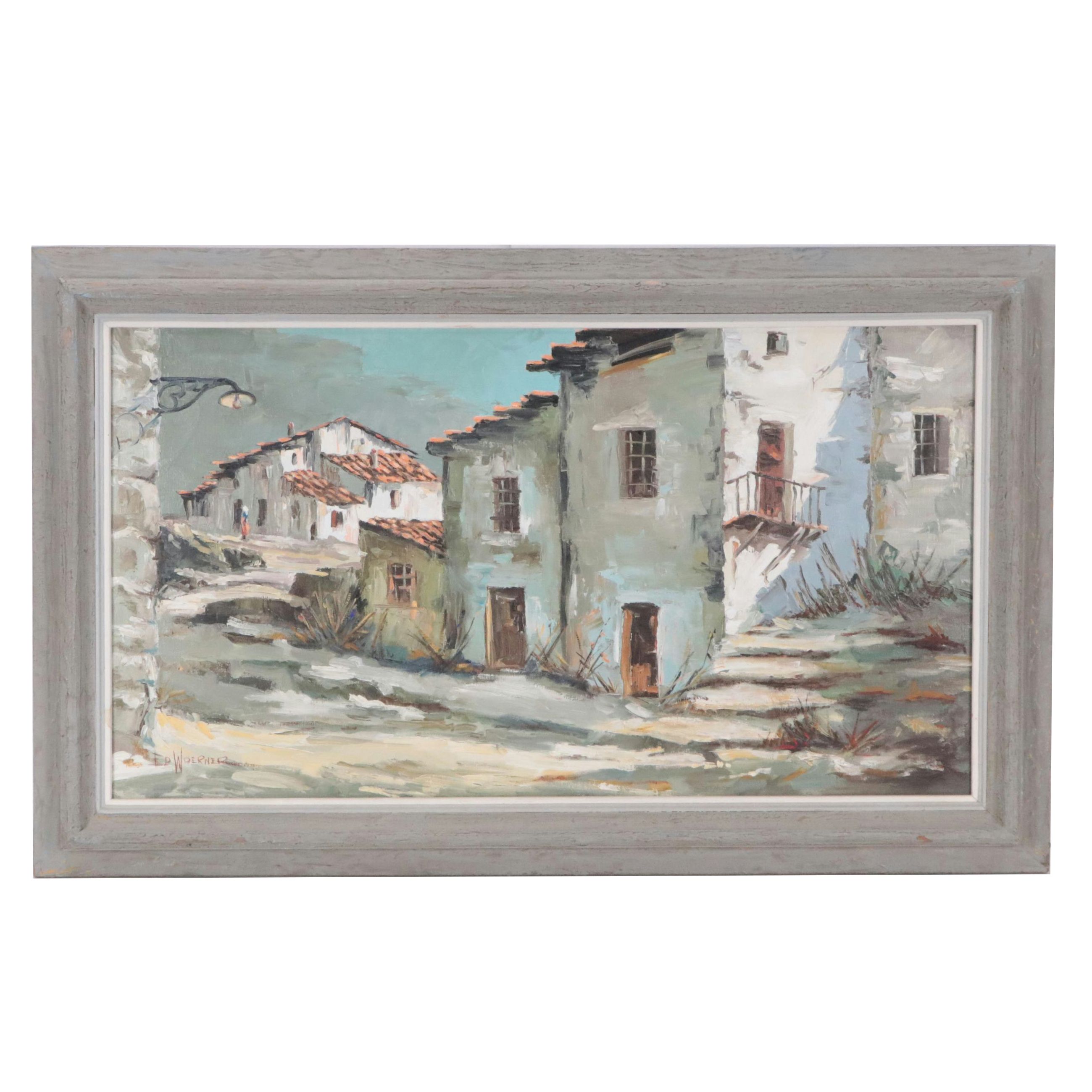 Ed Woerner Village Landscape Oil Painting, Circa 1975 | Everything But ...