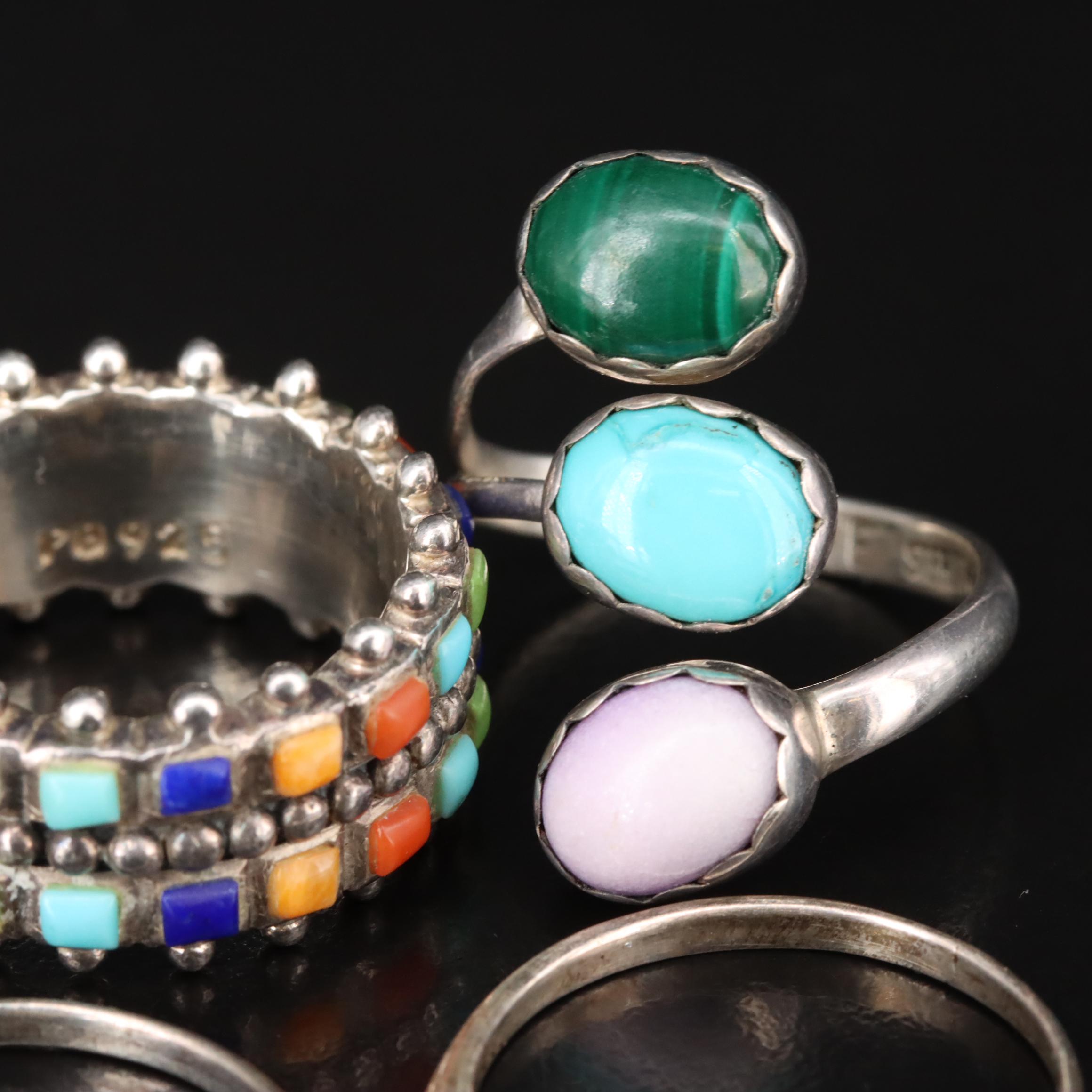 Sterling Coral, Malachite, Spiny Oyster Rings Including Stacking Rings ...
