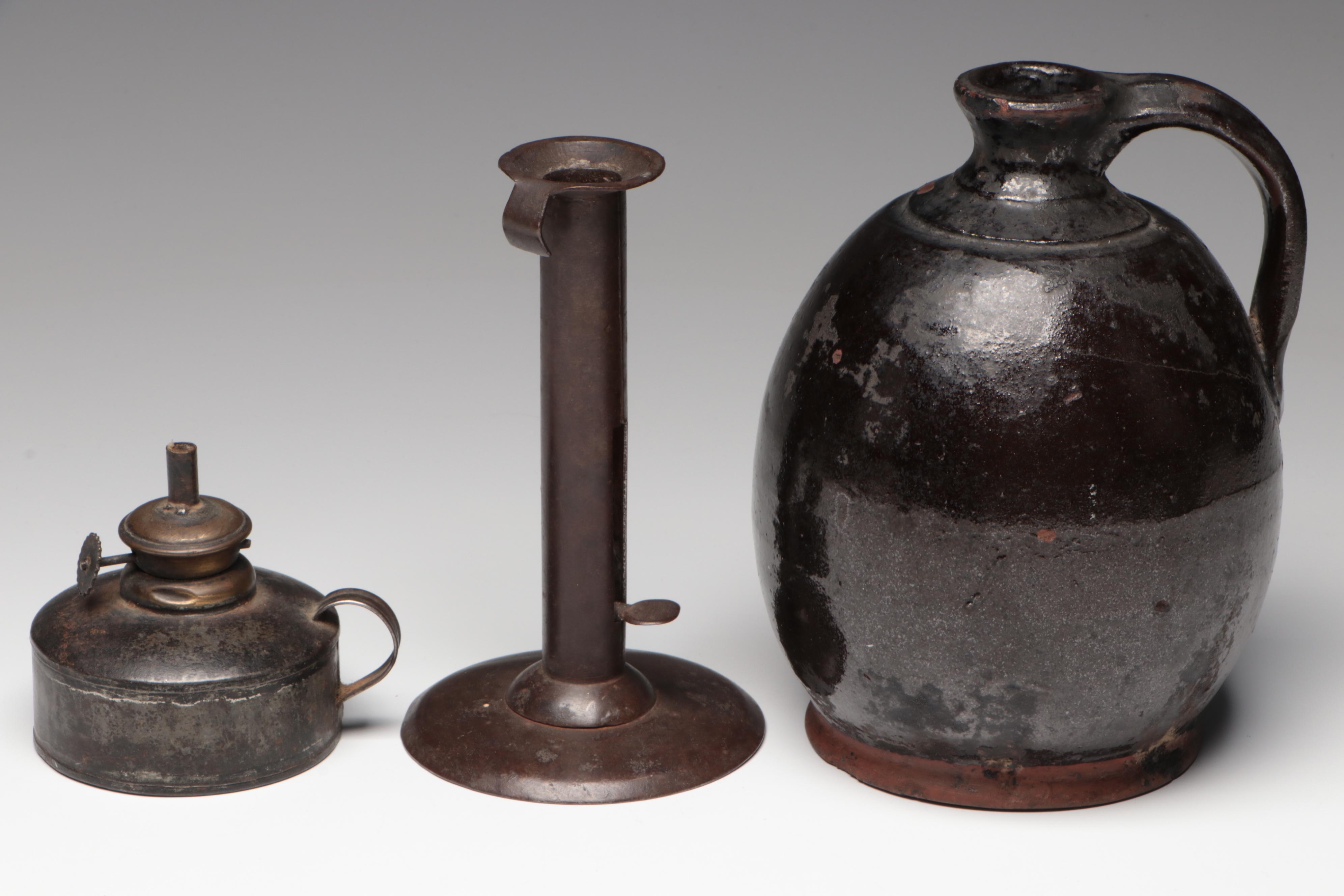 American Colonial Fireplace Tongs, Redware Jug, Candlestick and Oil ...