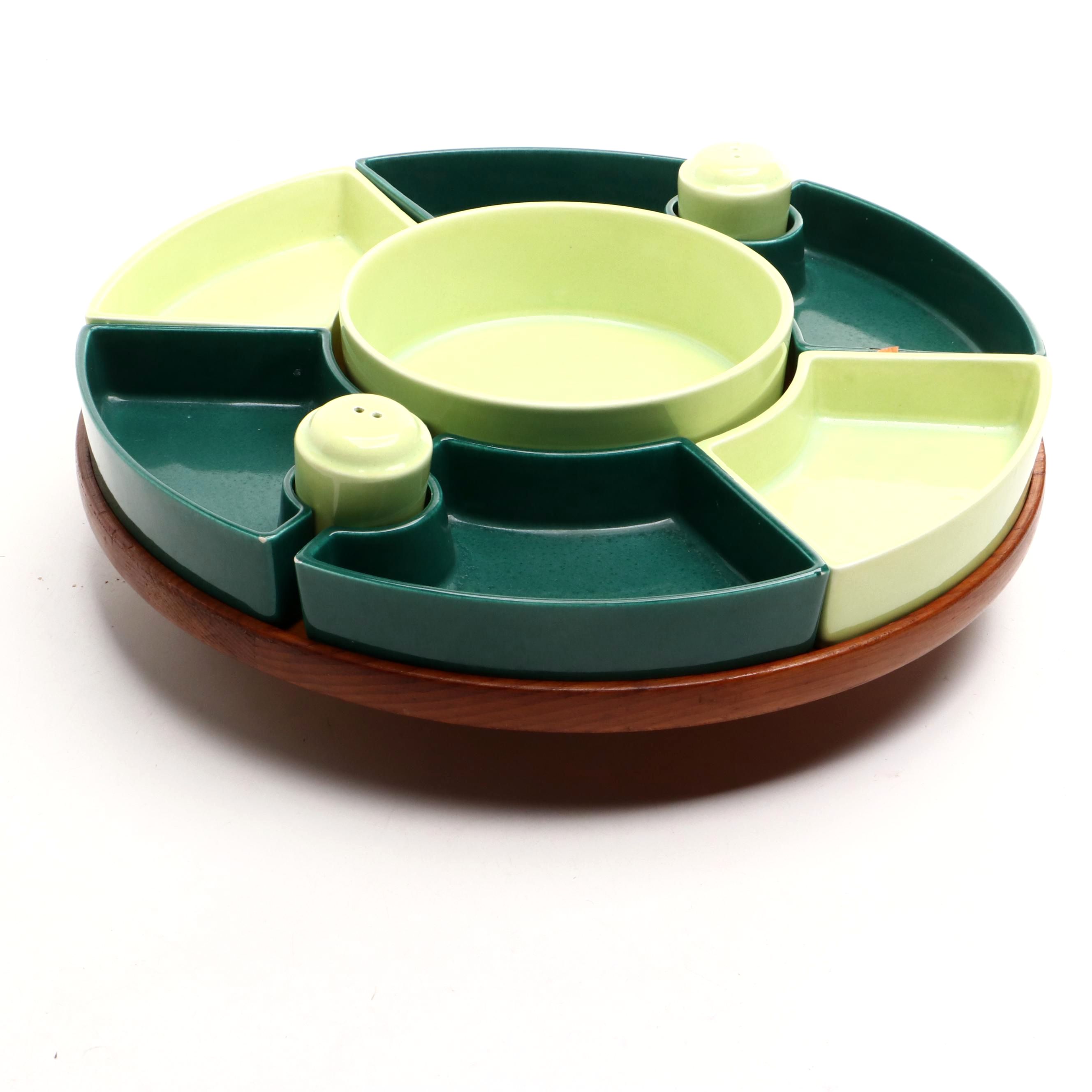 Glaze Ceramic Chip and Dip Set with Finished Wood Lazy Susan and More ...