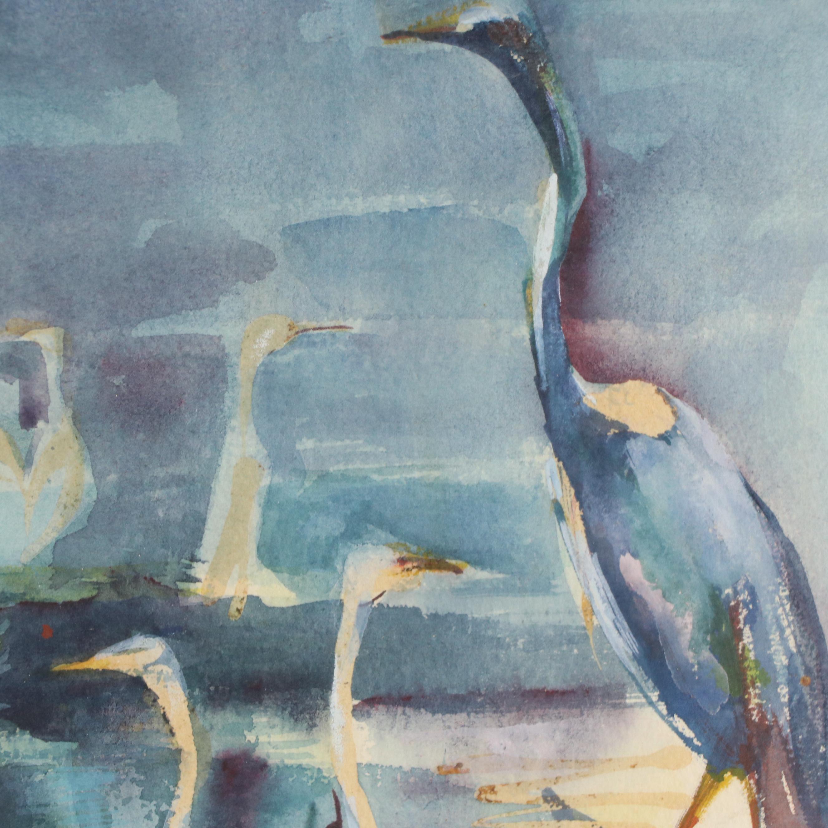 Kay Fox Landscape Watercolor Painting of Birds Along Shoreline | EBTH
