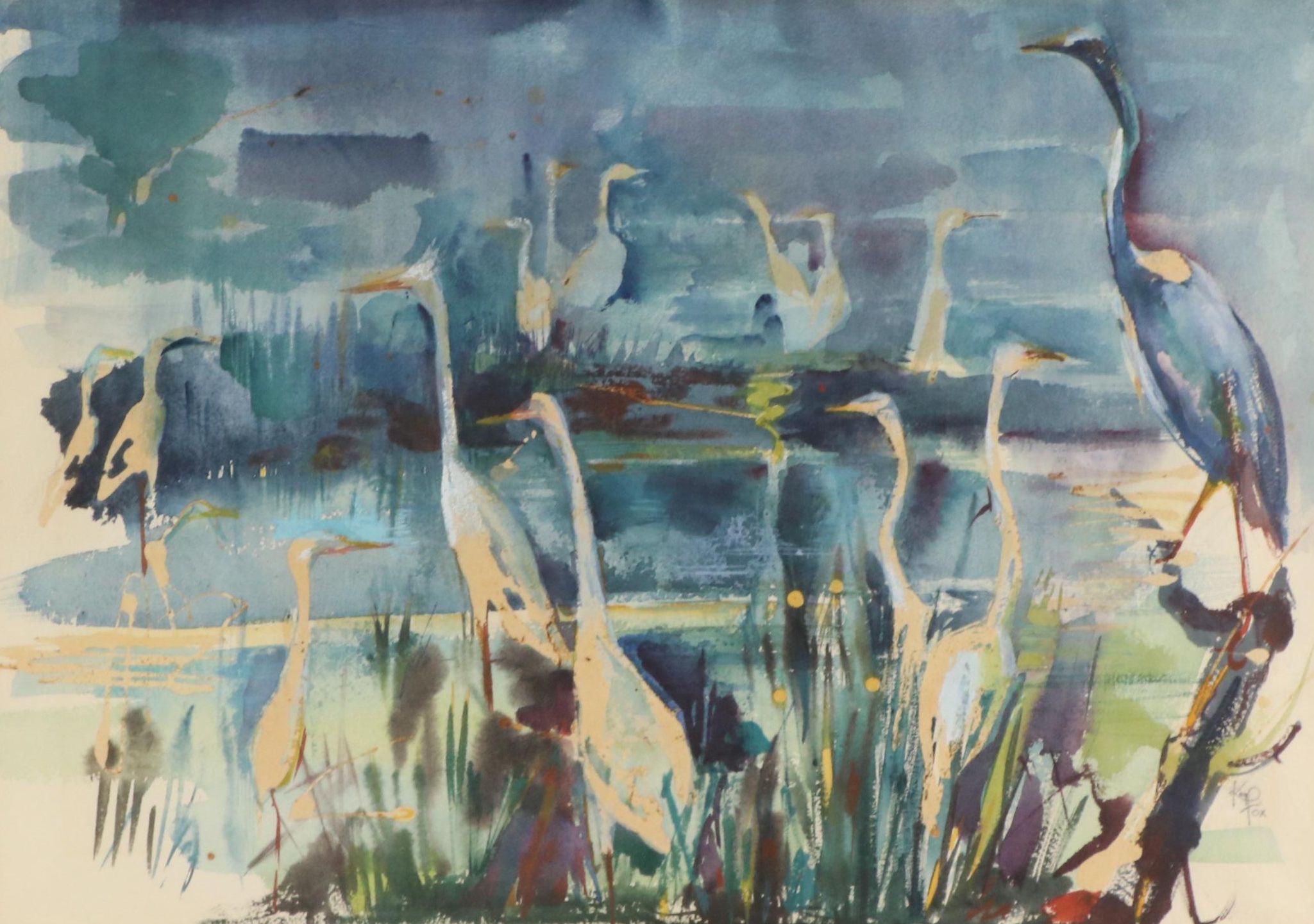 Kay Fox Landscape Watercolor Painting of Birds Along Shoreline | EBTH