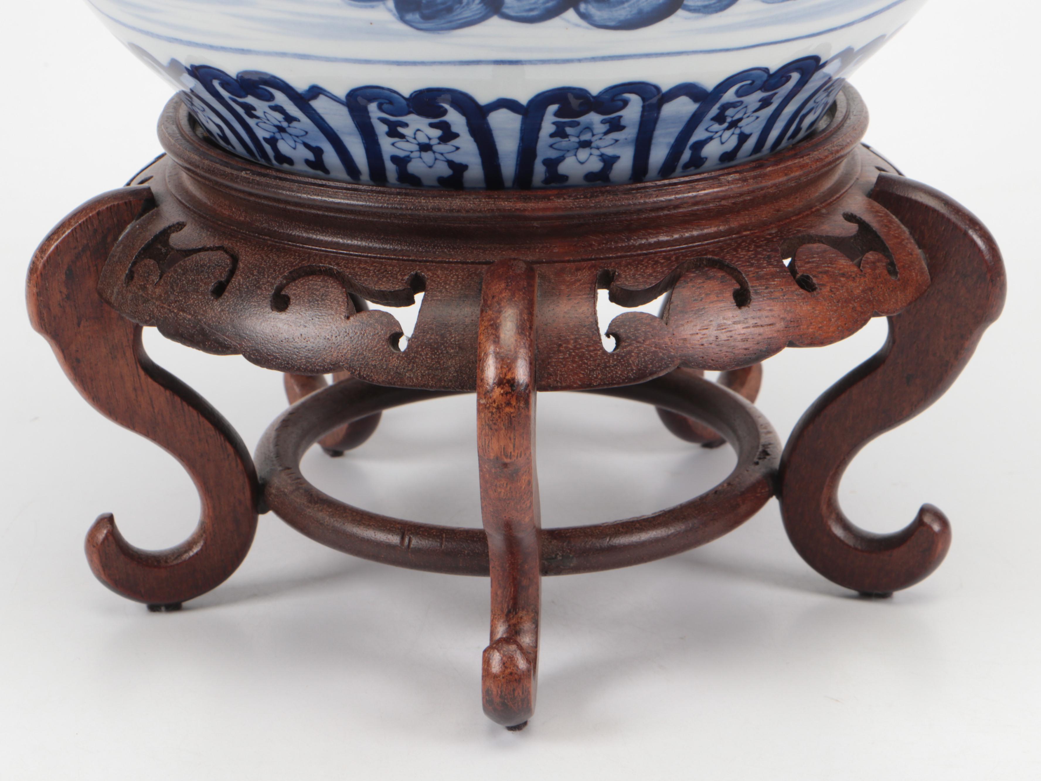 Chinese Hand-Painted Ceramic Ginger Jar and Carved Wood Stand | EBTH