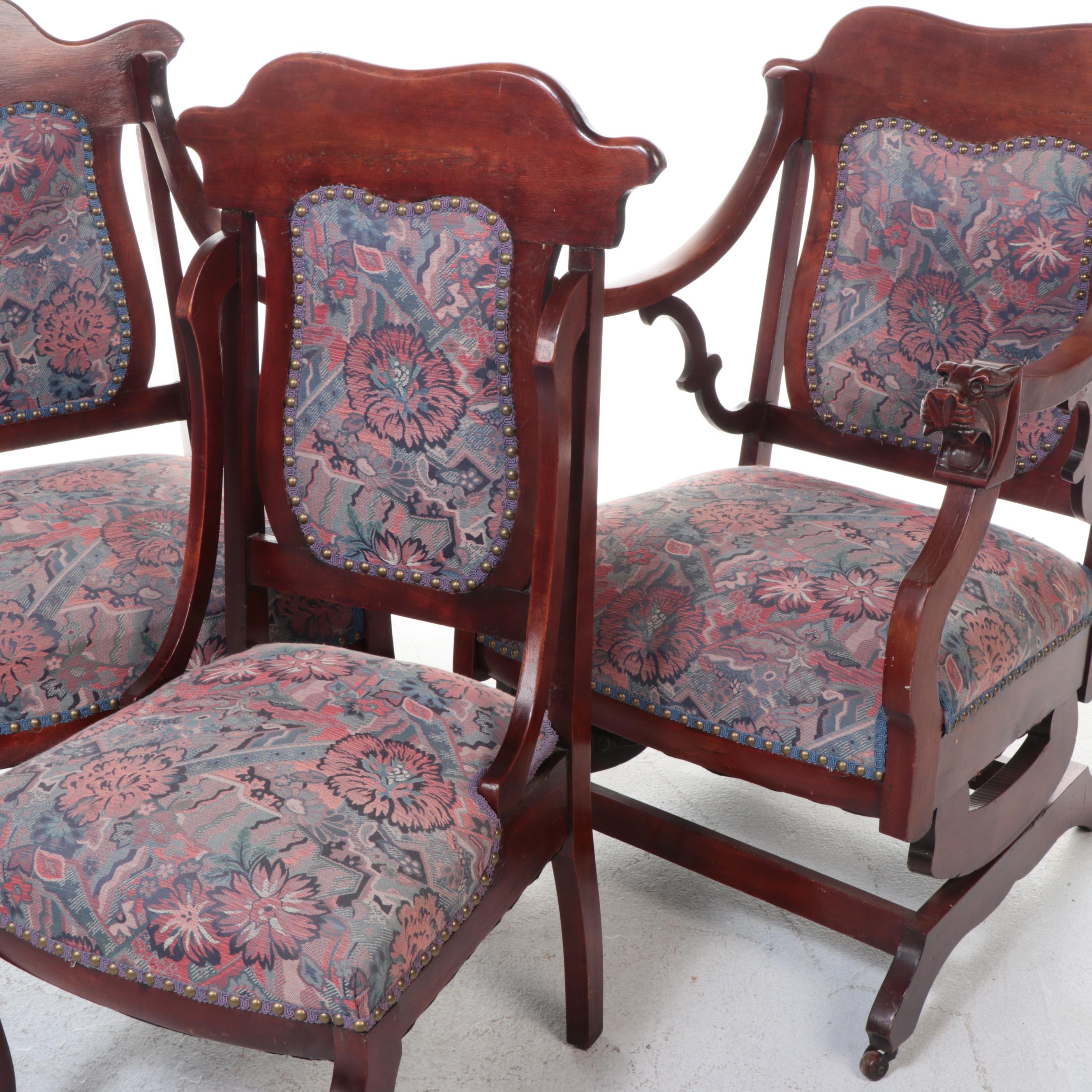 Three-Piece Late Victorian Birch Parlor Suite w/ Lion's Mask Handholds ...