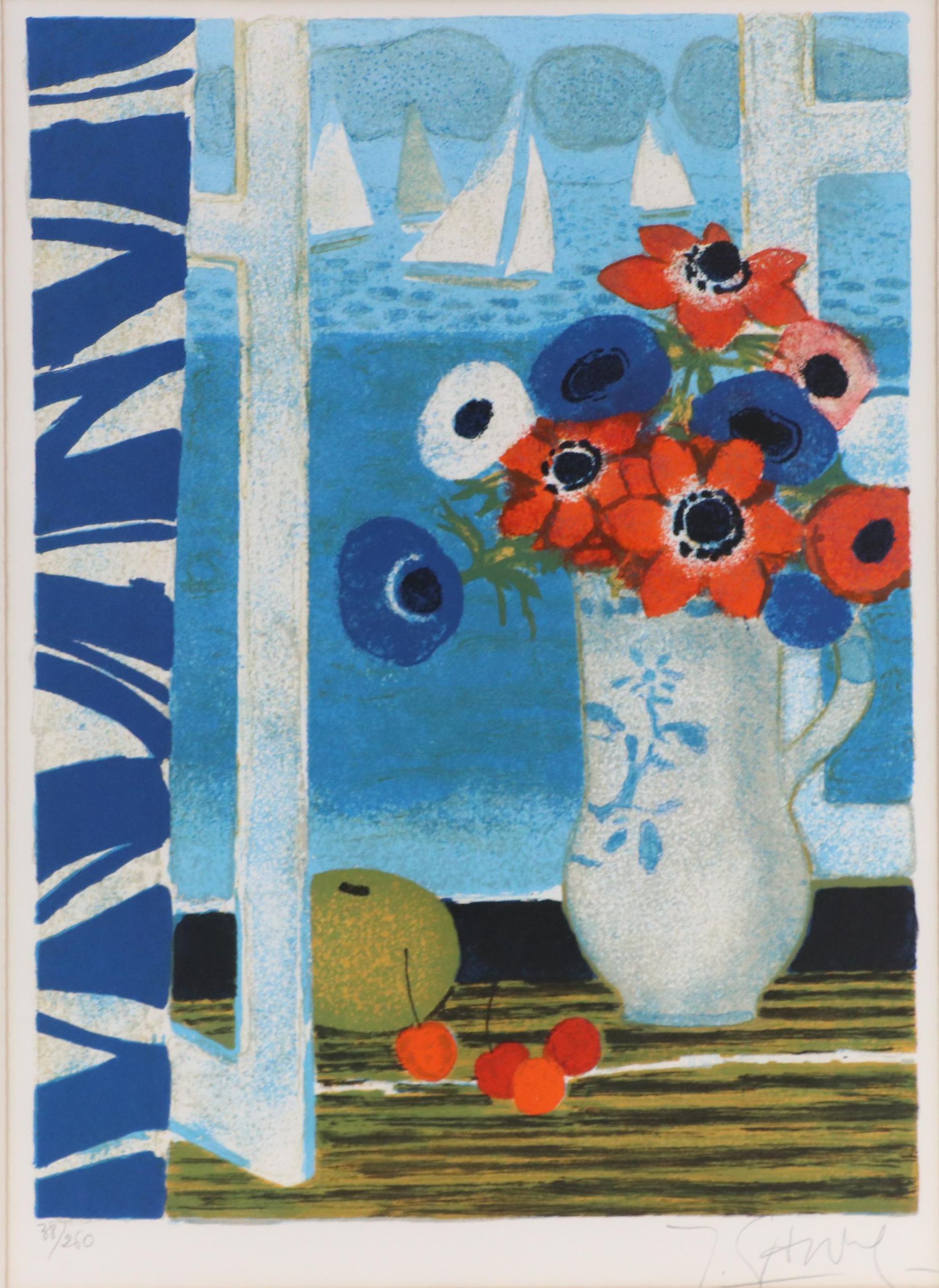 Yves Ganne Color Lithograph "Flowers and Fruit in Front of the Window ...