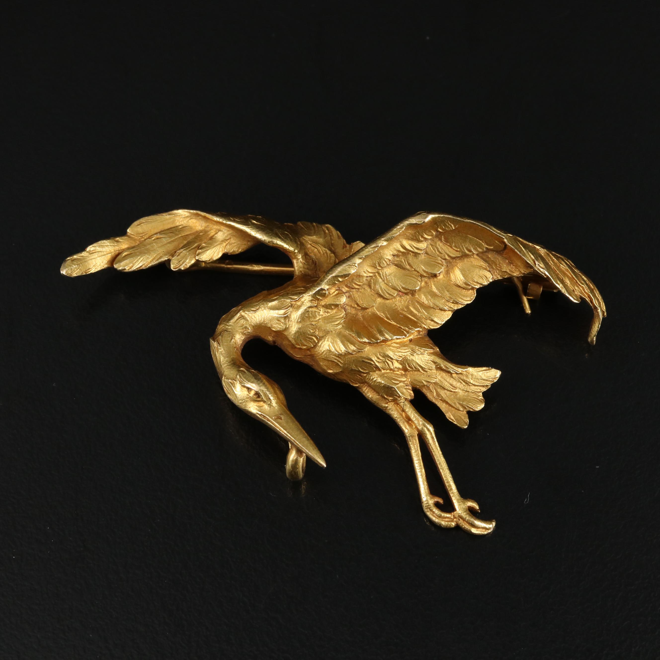French 18K Stork in Flight Brooch with Pendant Hook | EBTH