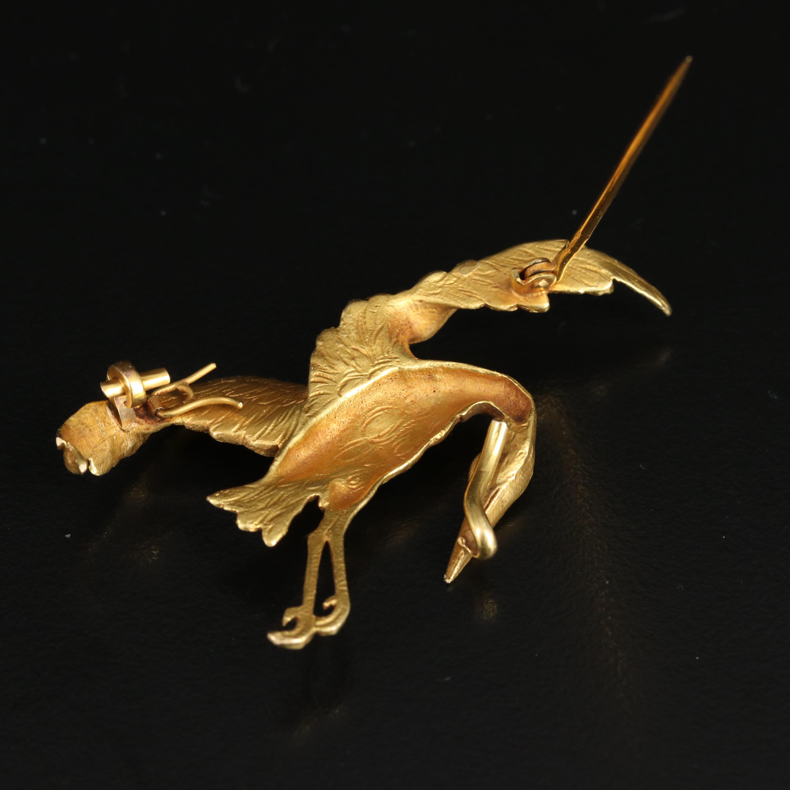 French 18K Stork in Flight Brooch with Pendant Hook | EBTH