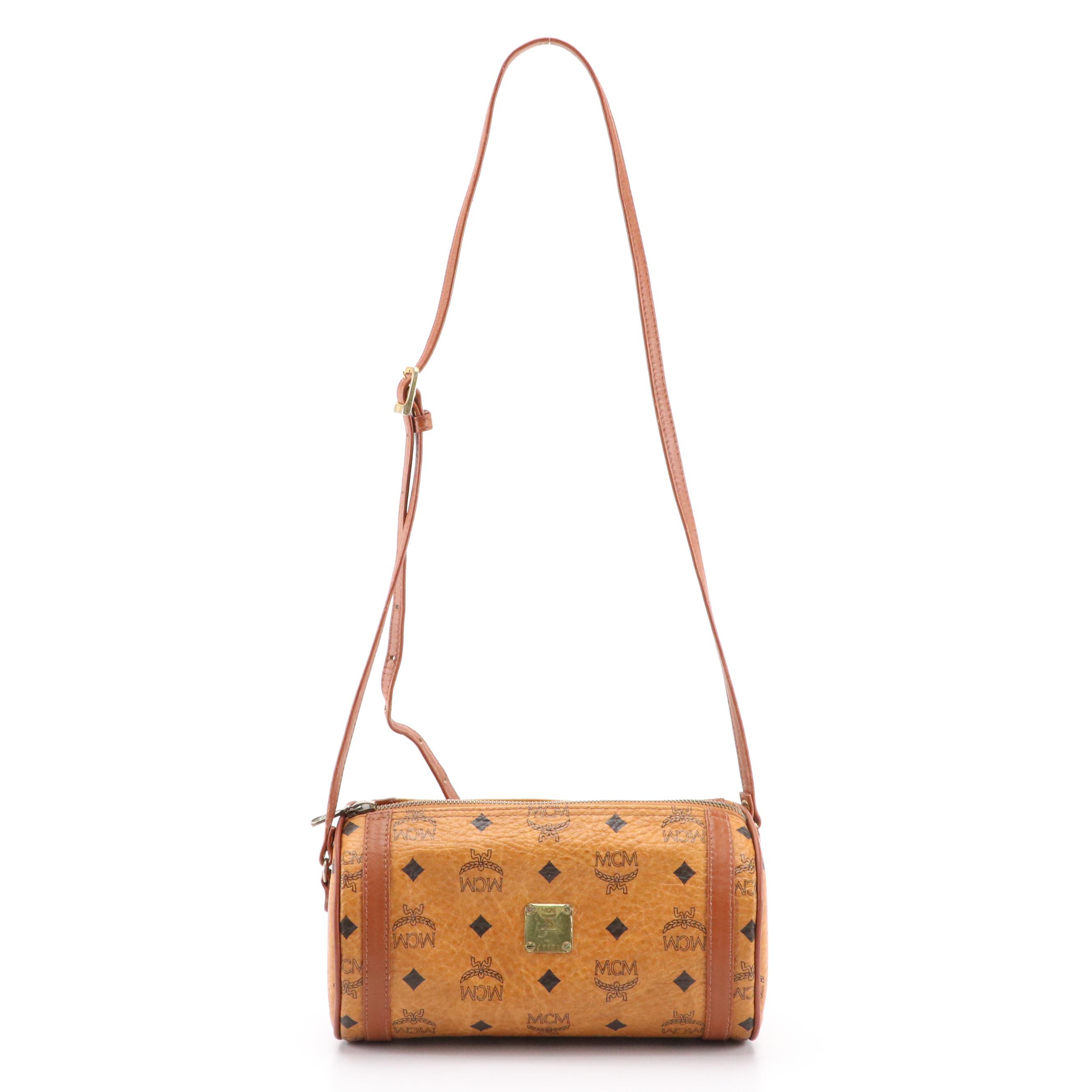 MCM Barrel Crossbody Bag in Cognac Monogram Visetos and Leather | EBTH