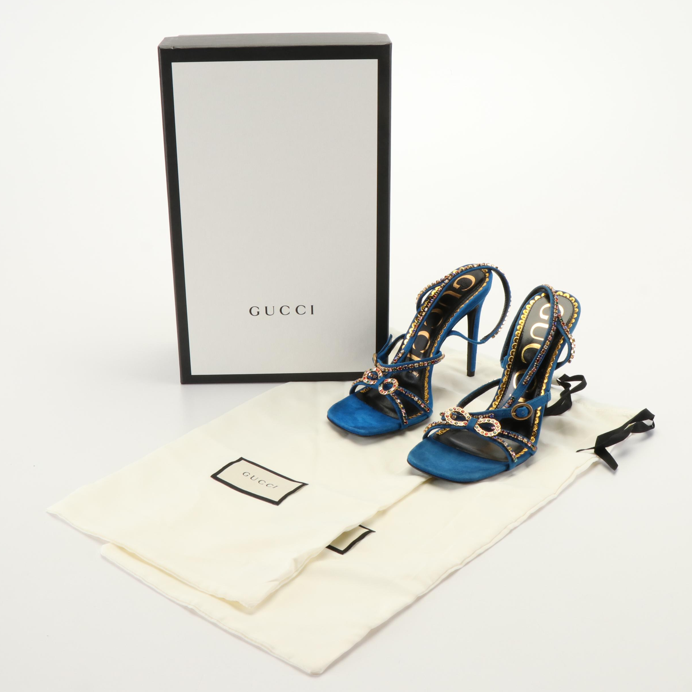 Gucci Mule Sandals in Multicolored Rhinestones and Blue Suede | EBTH