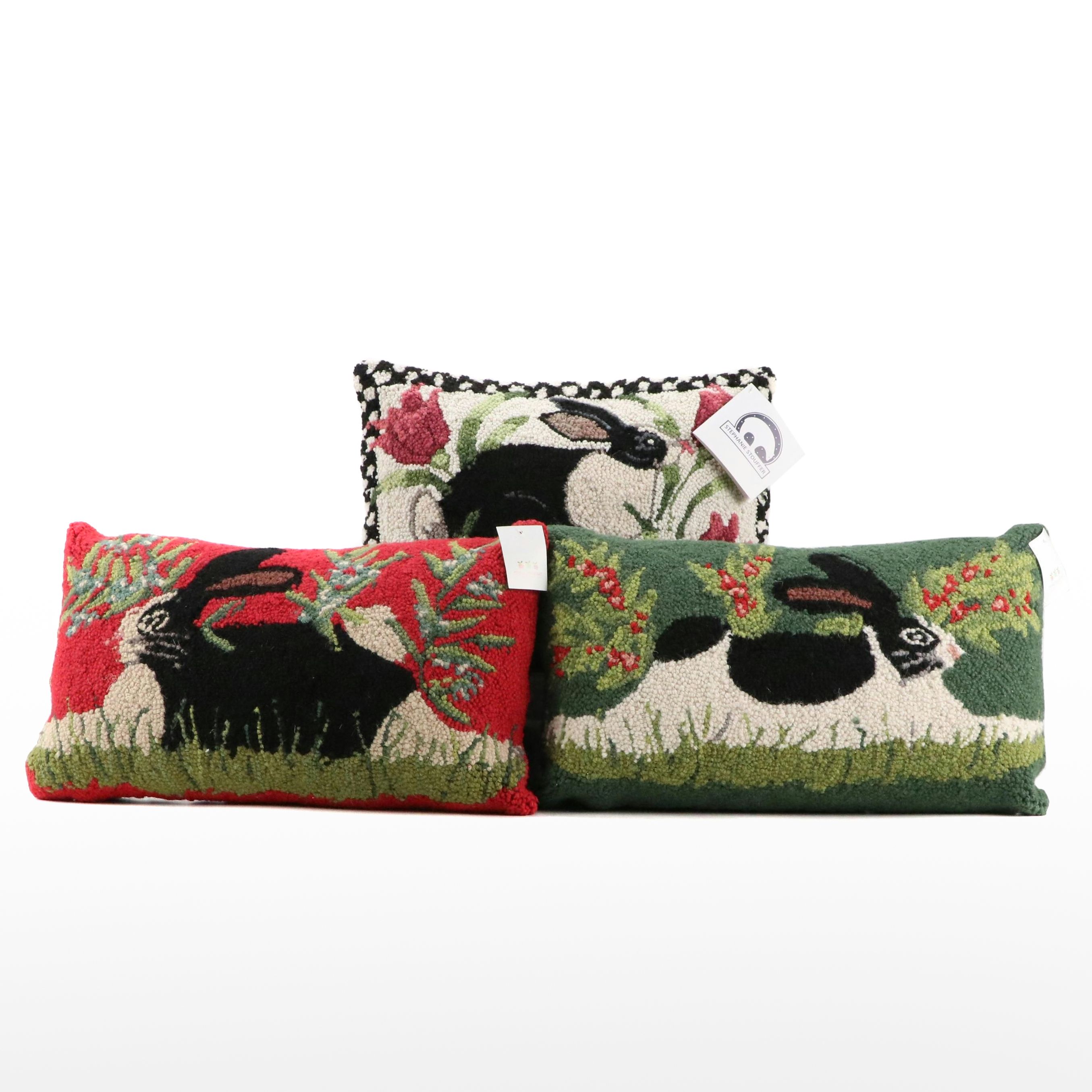 Peking Handicraft Hooked Wool Rabbit Portrait Accent Pillows | EBTH