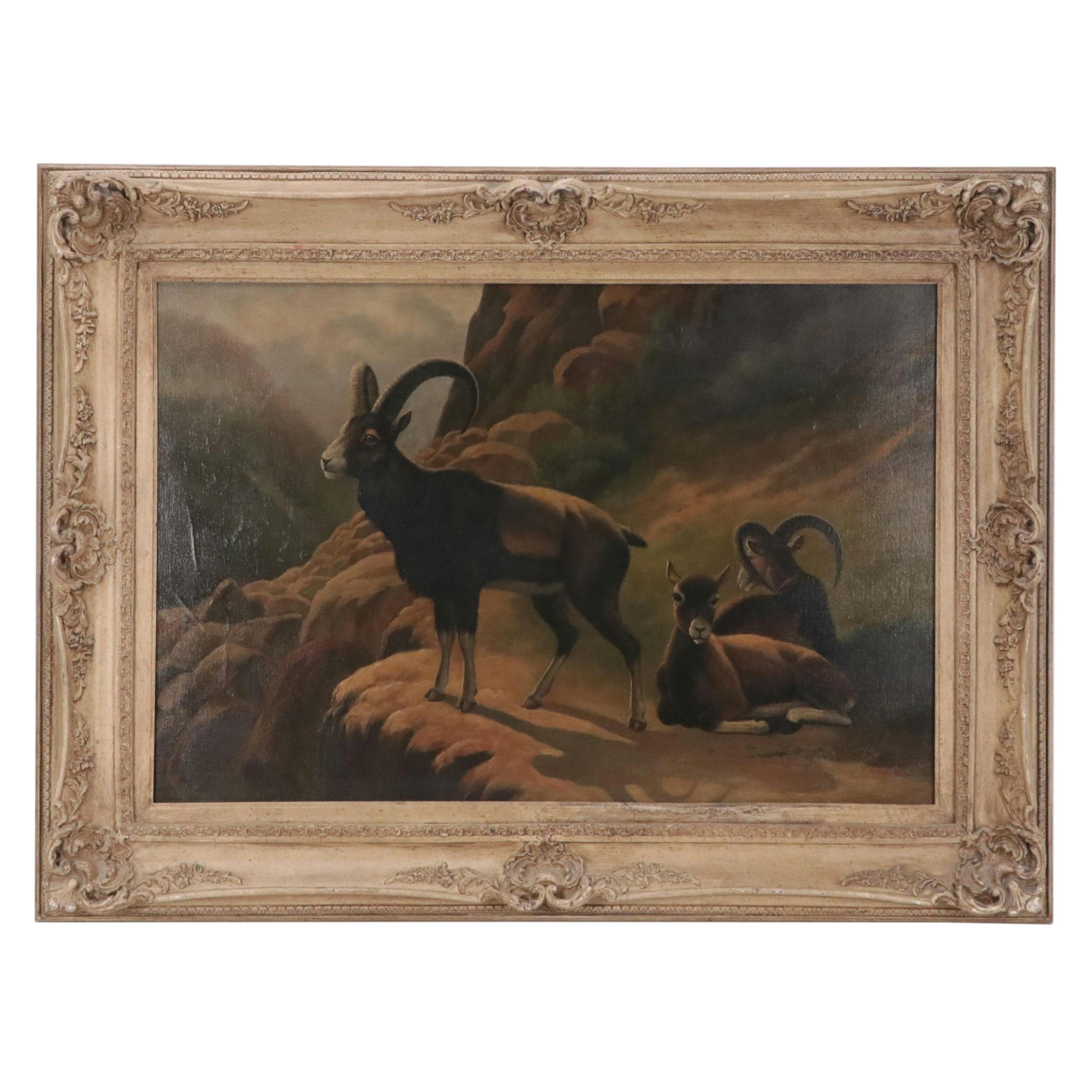 Oil Painting of Ibex in Mountain Landscape After Georges Frédéric Rötig ...
