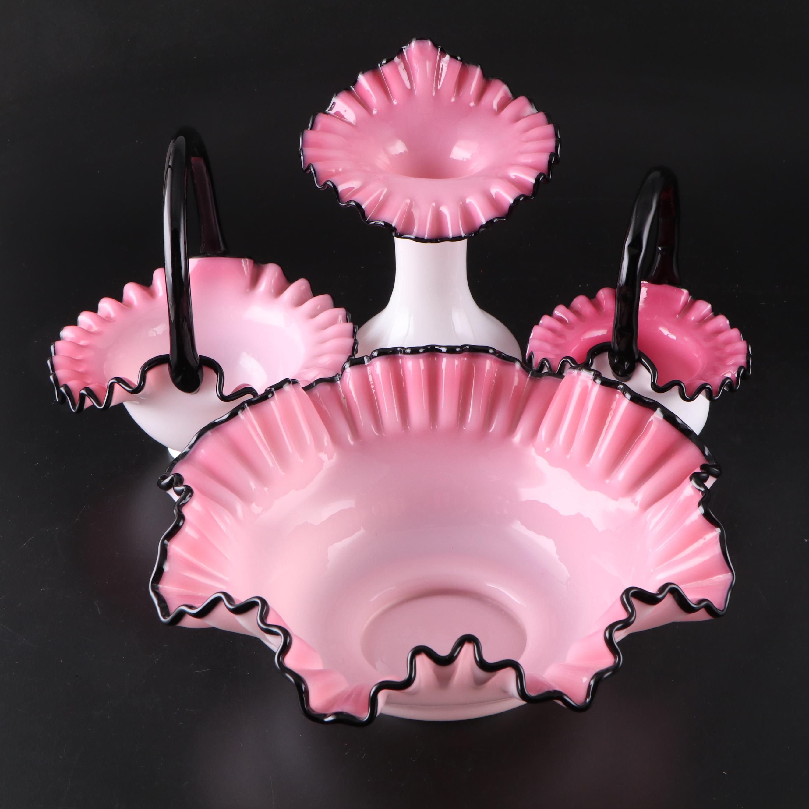 Fenton "Black Rose" Crest Crimped Tulip Vase, Baskets, and Bowl, 1953 ...