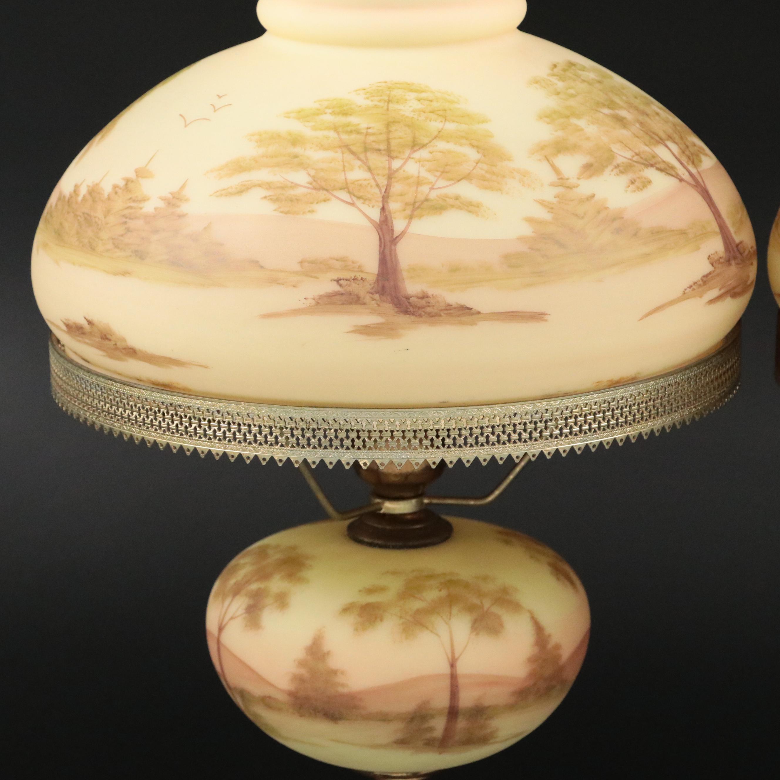 Fenton Burmese "Trees Scene" Hand-Painted Student Lamps, 1990s | EBTH