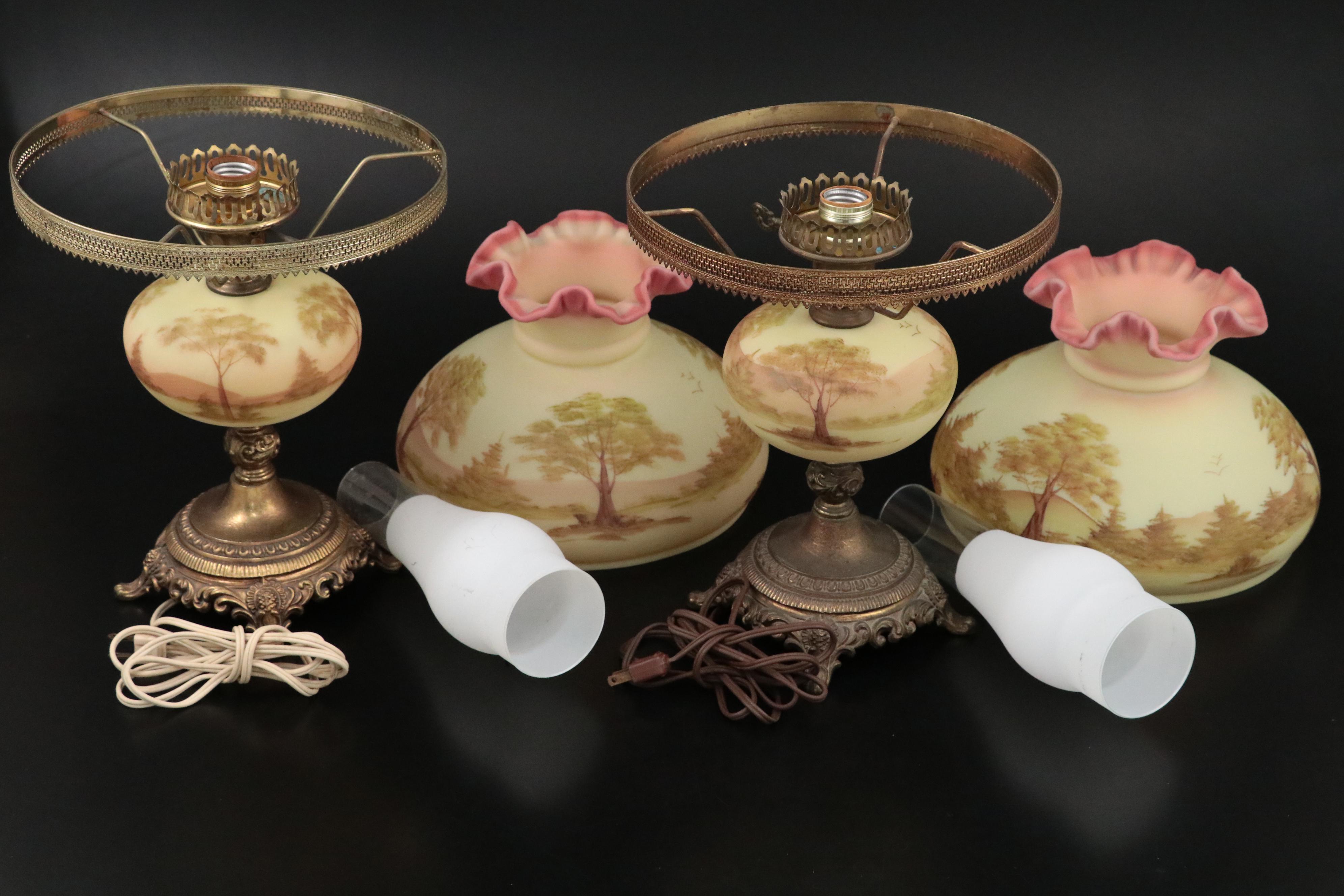 Fenton Burmese "Trees Scene" Hand-Painted Student Lamps, 1990s ...