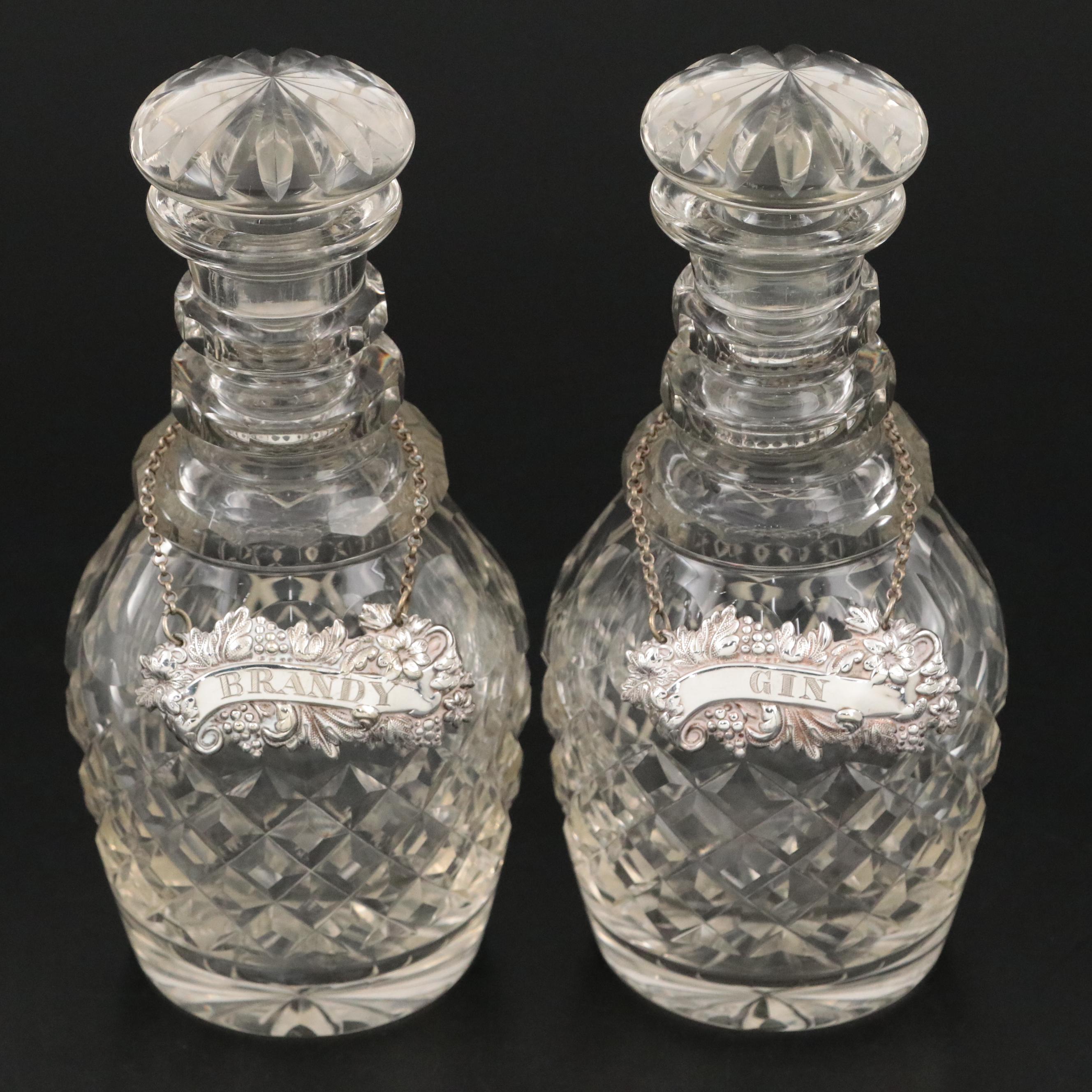 Pair of Antique Prussian Style Cut Glass Decanters with Silver Plate ...