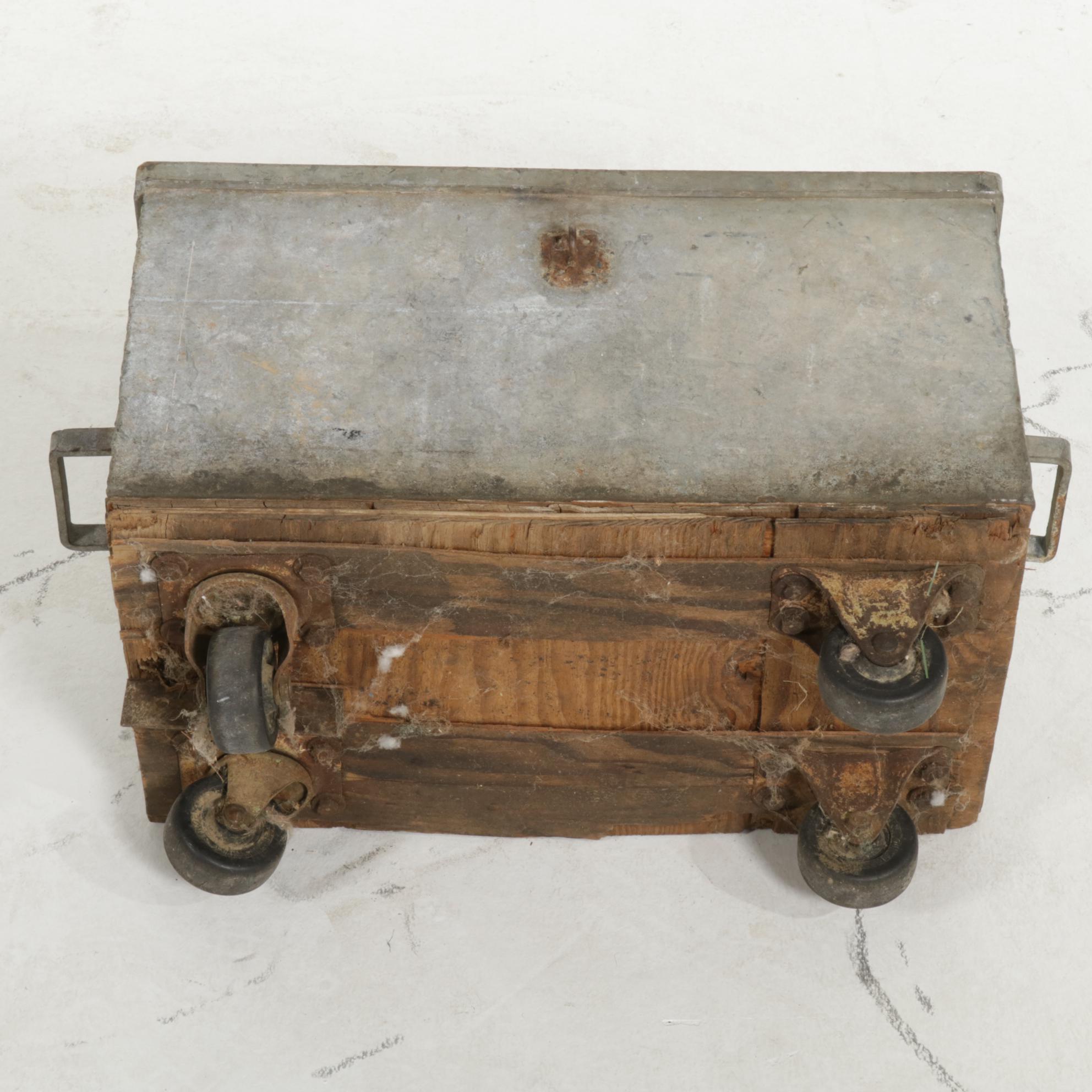 Industrial Galvanized Metal Lift-Lid Chest on Casters, Early to Mid ...