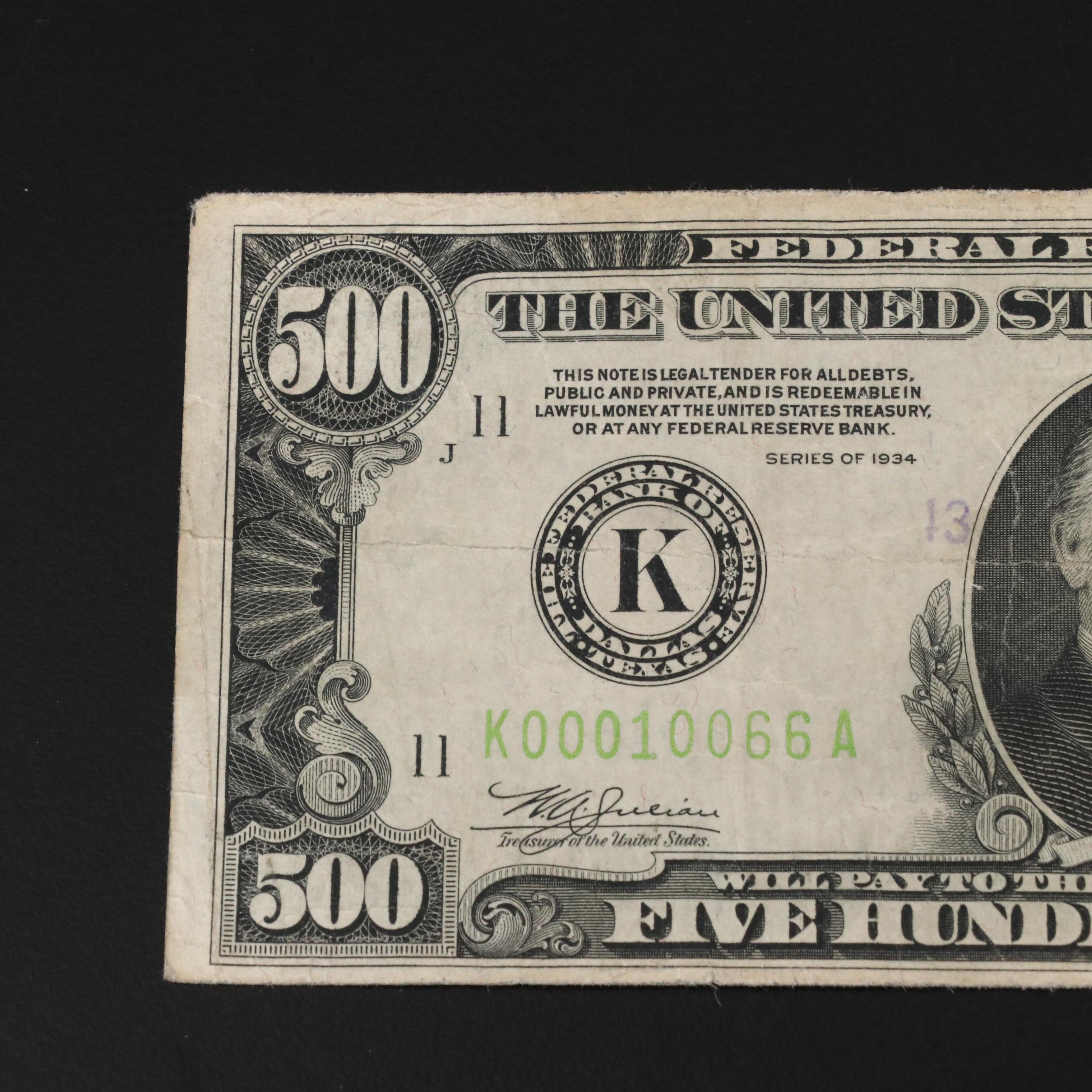 1934 $500 Federal Reserve Currency Note | Everything But The House