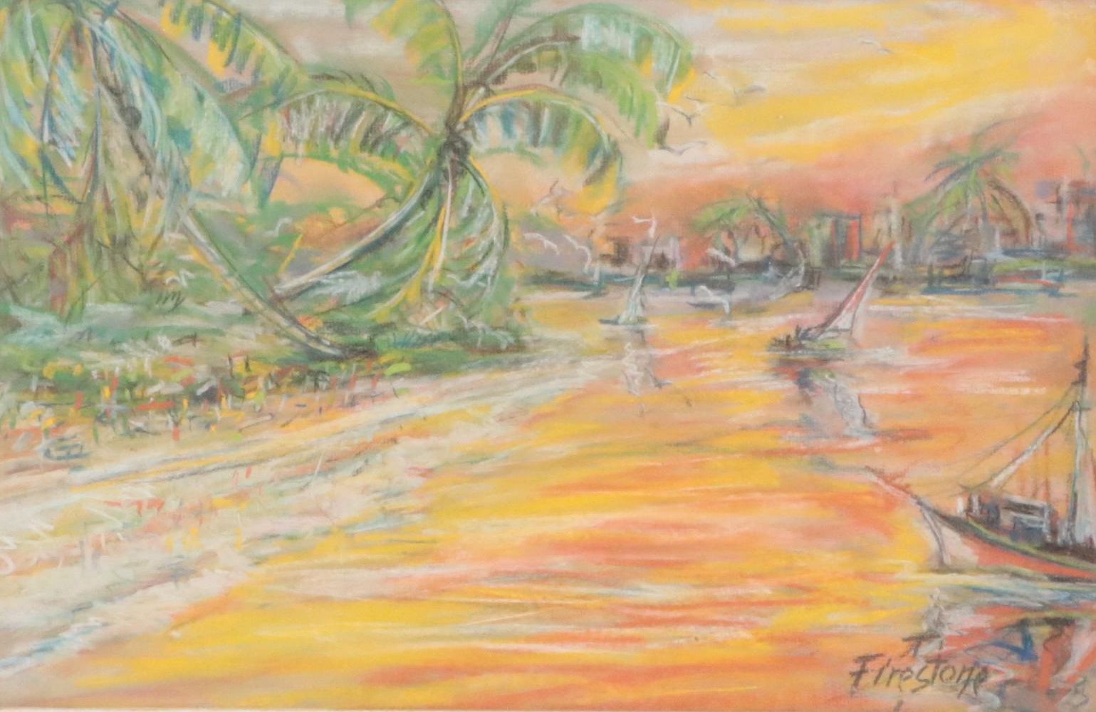 Isadore Firestone Tropical Landscape Chalk Pastel Drawing | EBTH