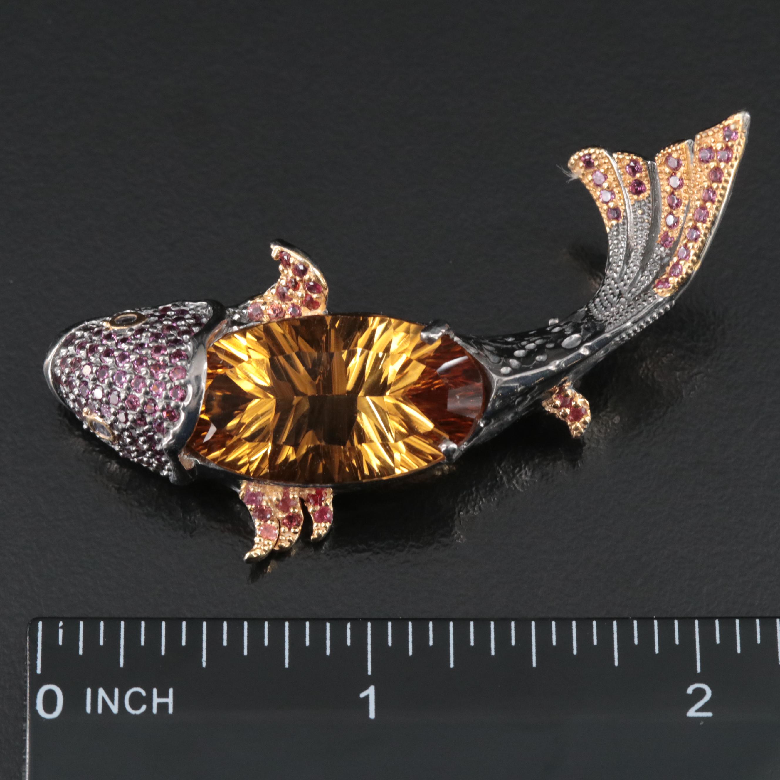 Sterling Citrine, Sapphire and Garnet Fish Brooch | EBTH