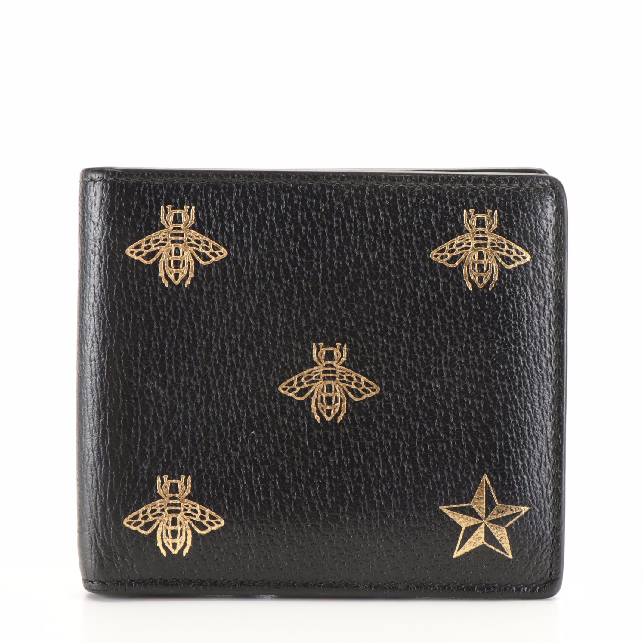 Gucci Gold Bee Star Black Leather Bifold Wallet | EBTH