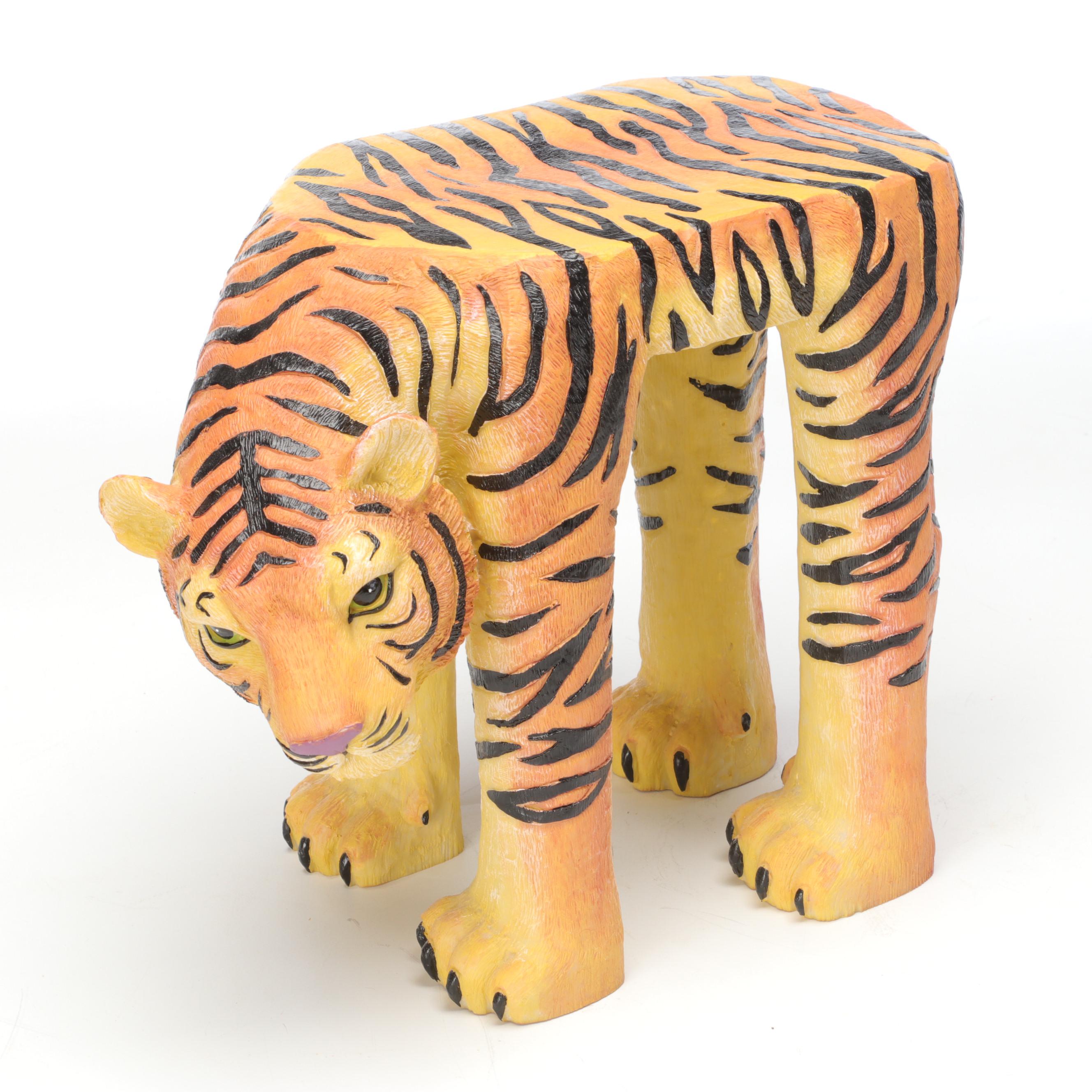 Resin Tiger Footstool with Needlepoint Tiger Pillow & Cubs Door Draft ...